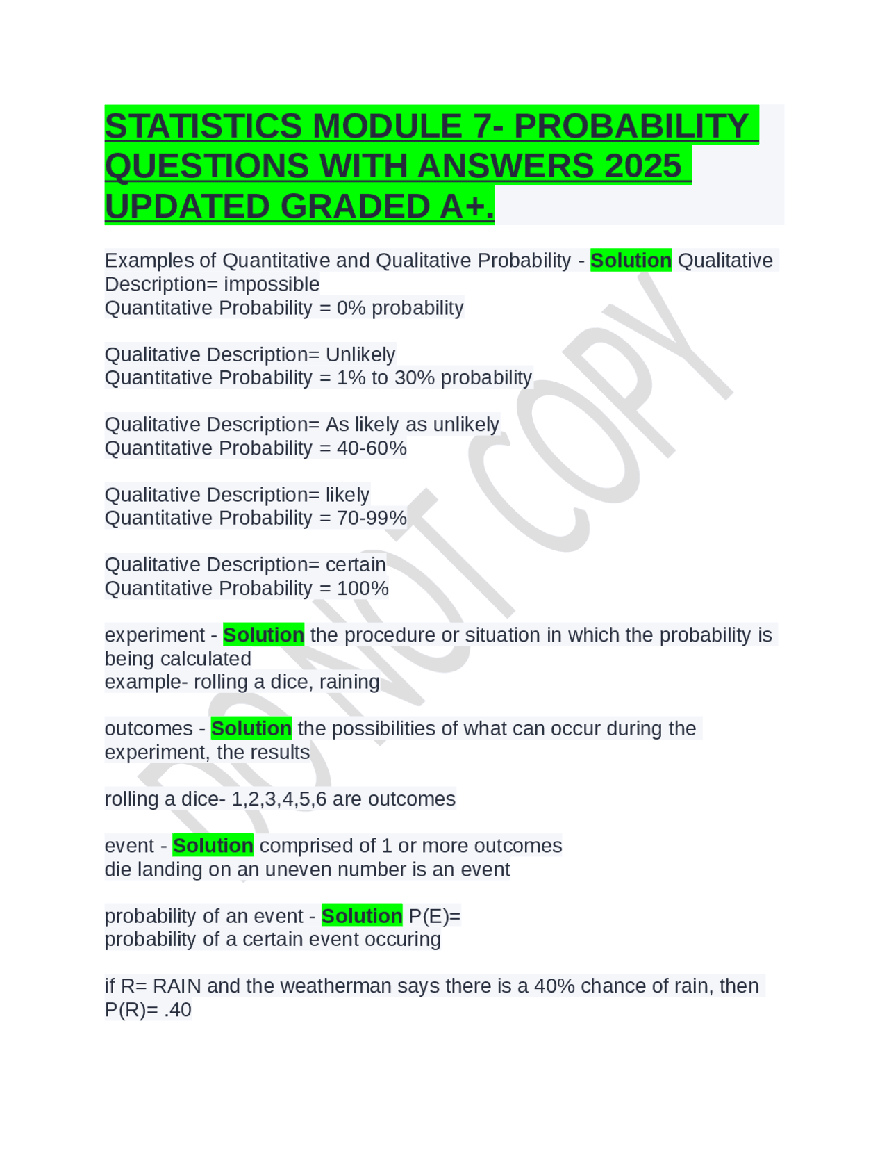 STATISTICS MODULE 7- PROBABILITY QUESTIONS WITH ANSWERS 2025 UPDATED ...
