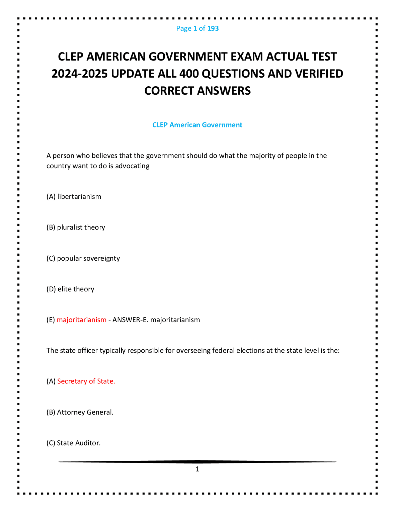 CLEP AMERICAN GOVERNMENT EXAM ACTUAL TEST 2024-2025 UPDATE ALL 400 ...