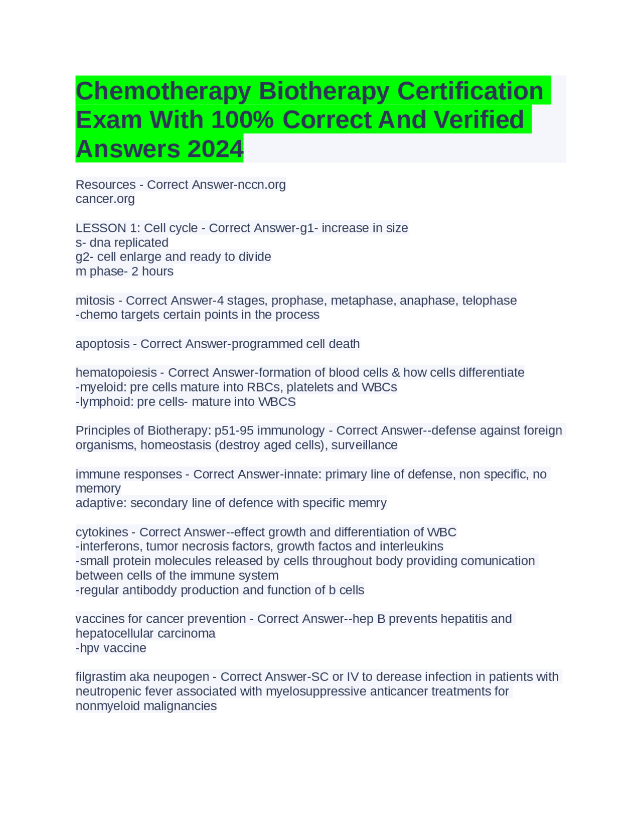 Chemotherapy Biotherapy Certification Exam With 100% Correct And ...