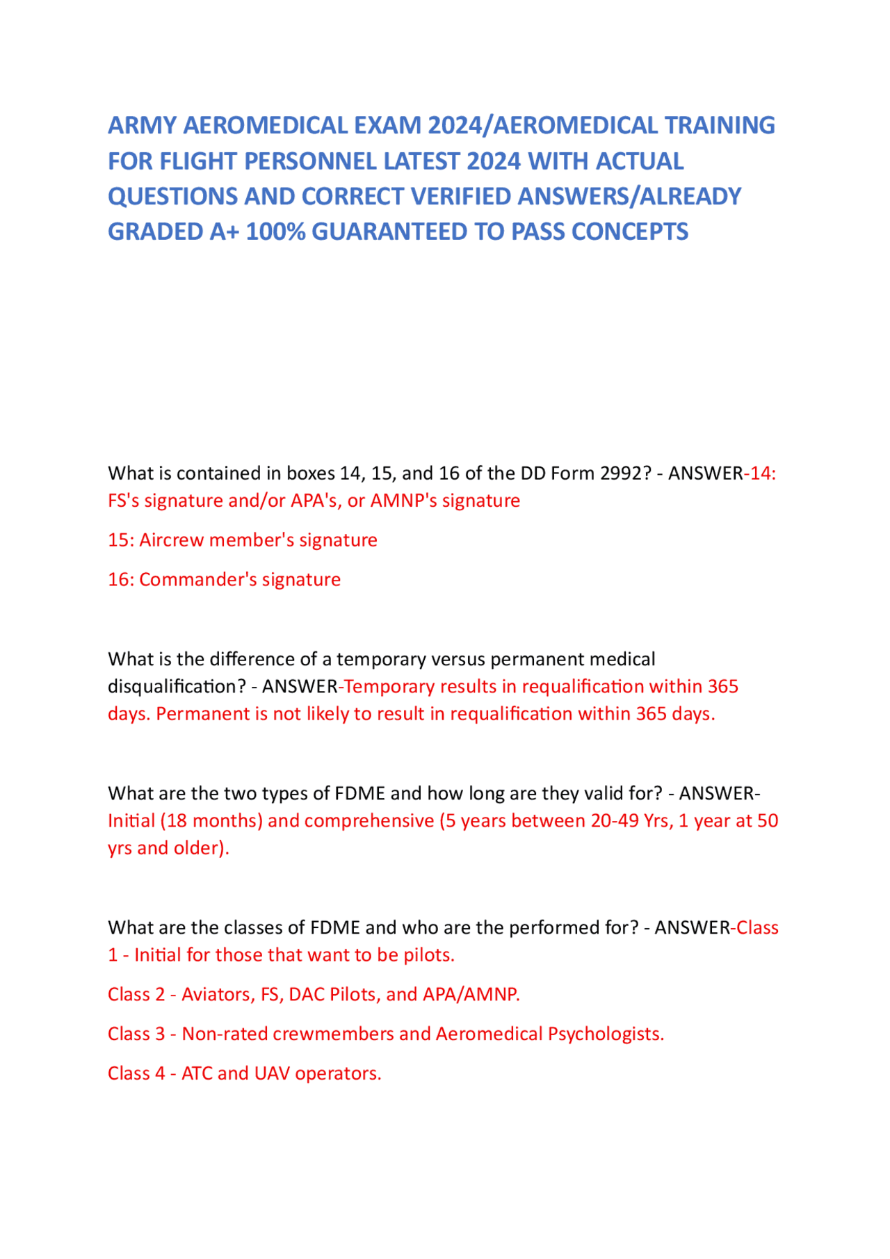 Army Aeromedical Exam 2024: Comprehensive Guide with Questions and Answers | Exams Nursing | Docsity