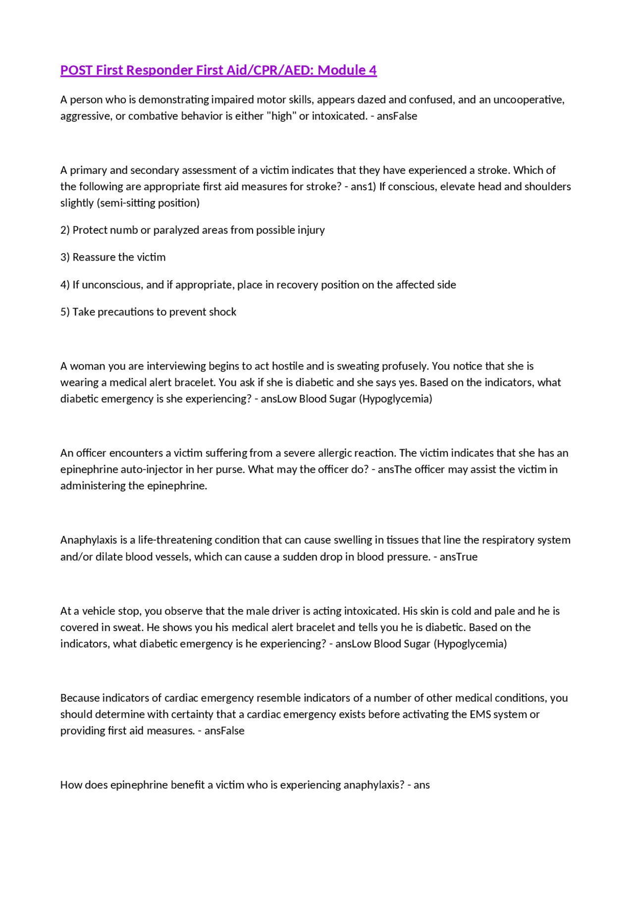 POST First Responder First Aid CPR AED Module 4 | Exercises Community ...