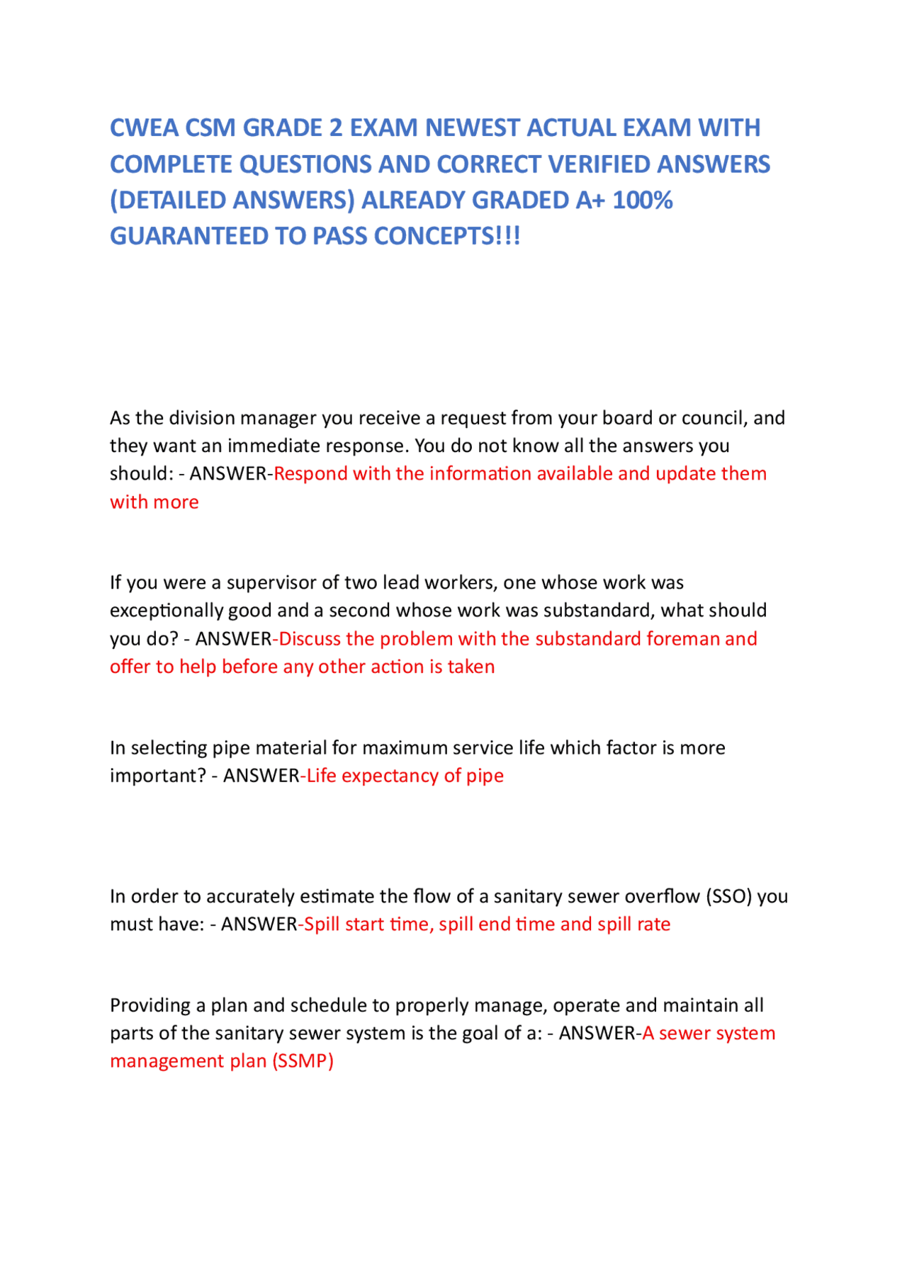 CWEA CSM Grade 2 Exam: Questions and Answers | Exams Nursing | Docsity