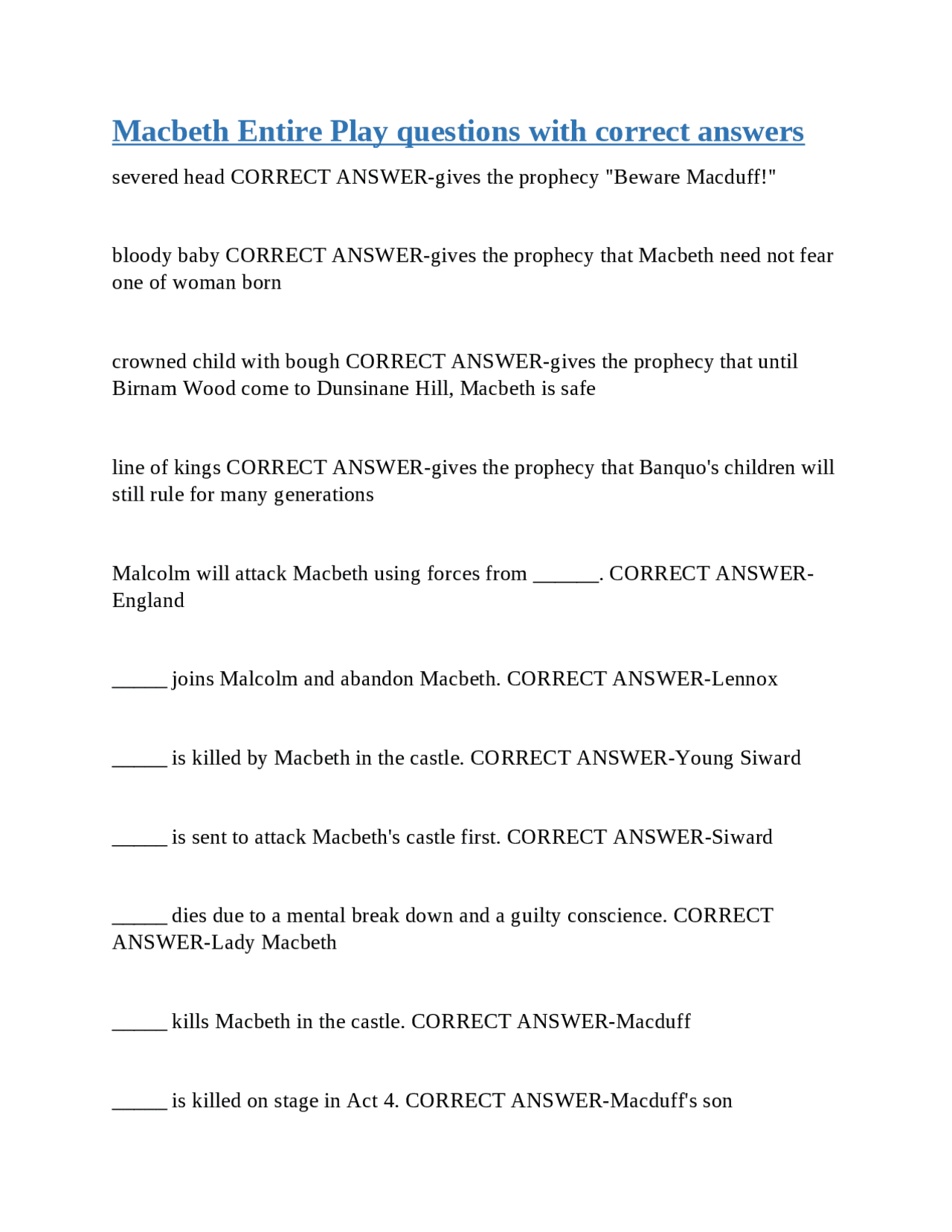 Macbeth Entire Play questions with correct answers | Exams Advanced ...