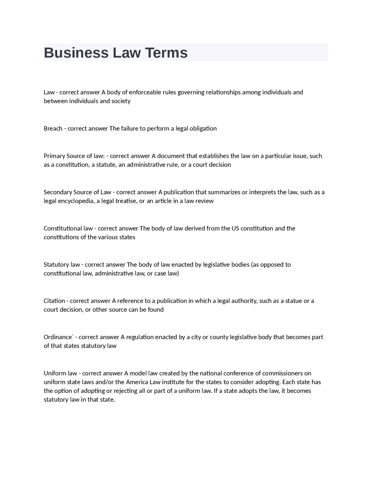 Business Law Terms: Definitions and Explanations | Exams Law | Docsity