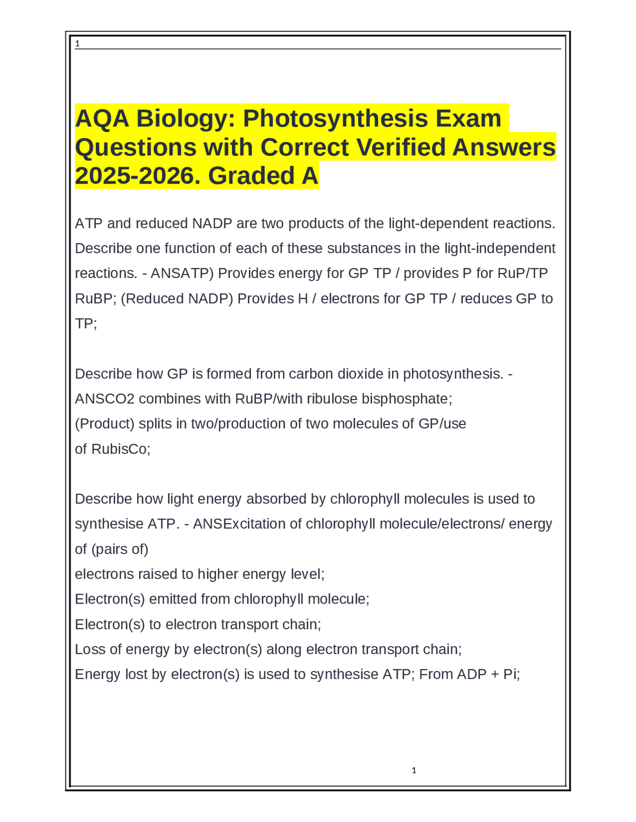 AQA Biology: Photosynthesis Exam Questions with Correct Verified ...