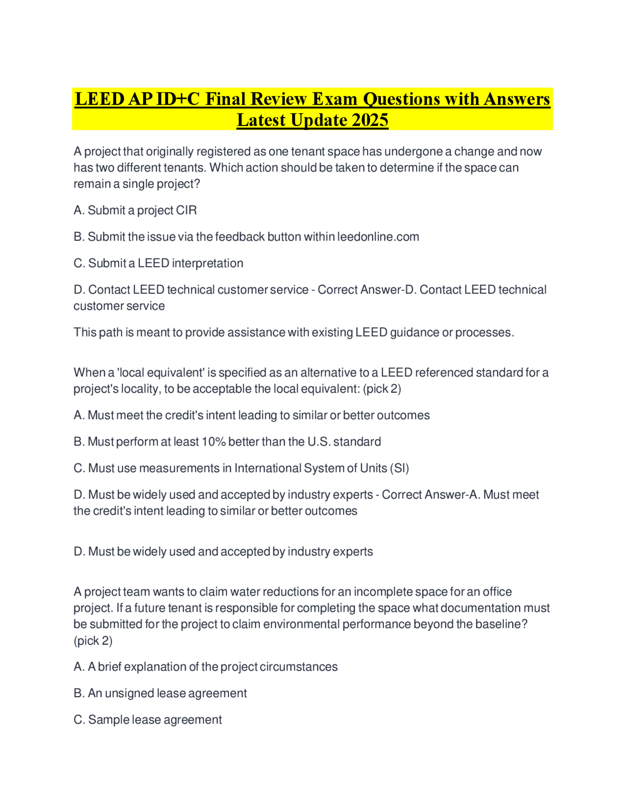 LEED AP ID+C Final Review Exam Questions with Answers Latest Update ...