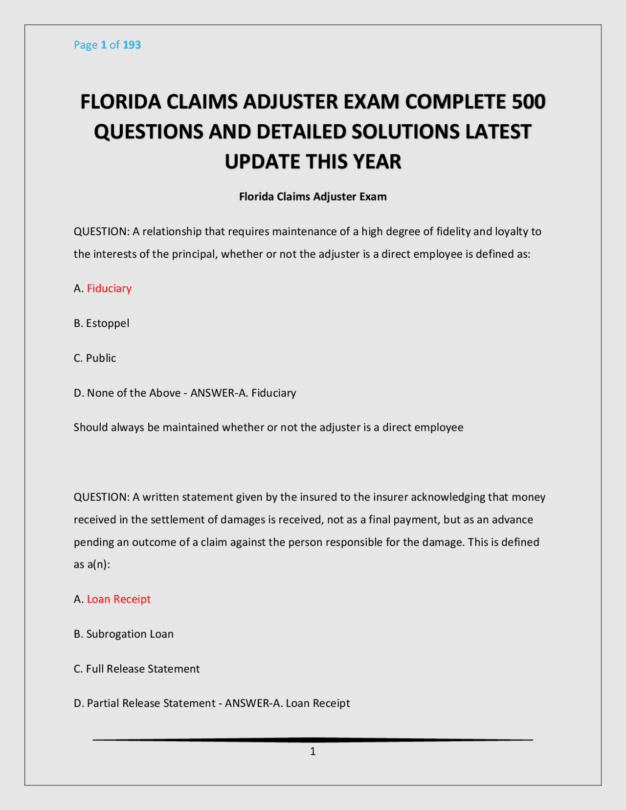 FLORIDA CLAIMS ADJUSTER EXAM COMPLETE 500 QUESTIONS AND DETAILED ...