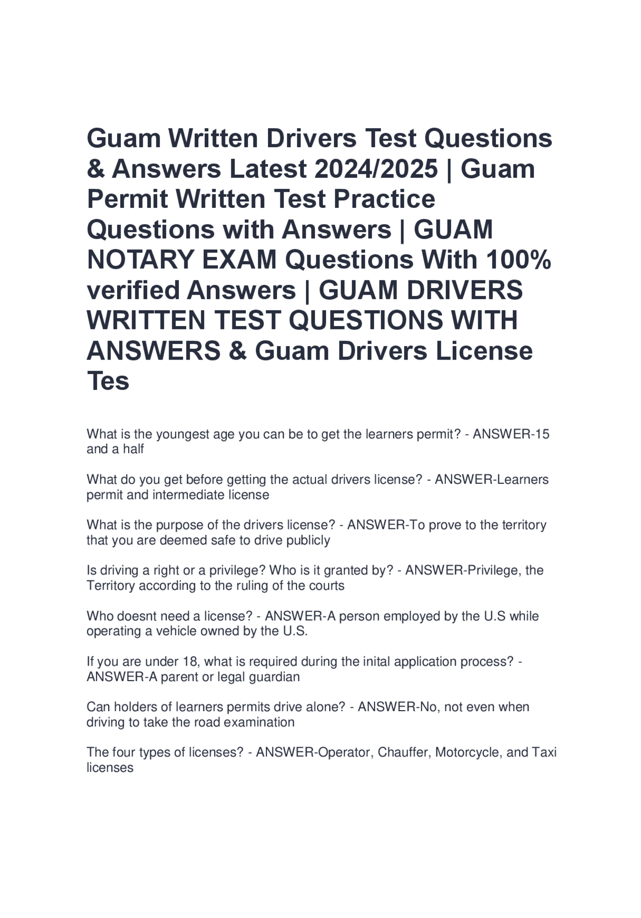 Guam Written Drivers Test Questions & Answers Latest 2024/2025 | Guam ...