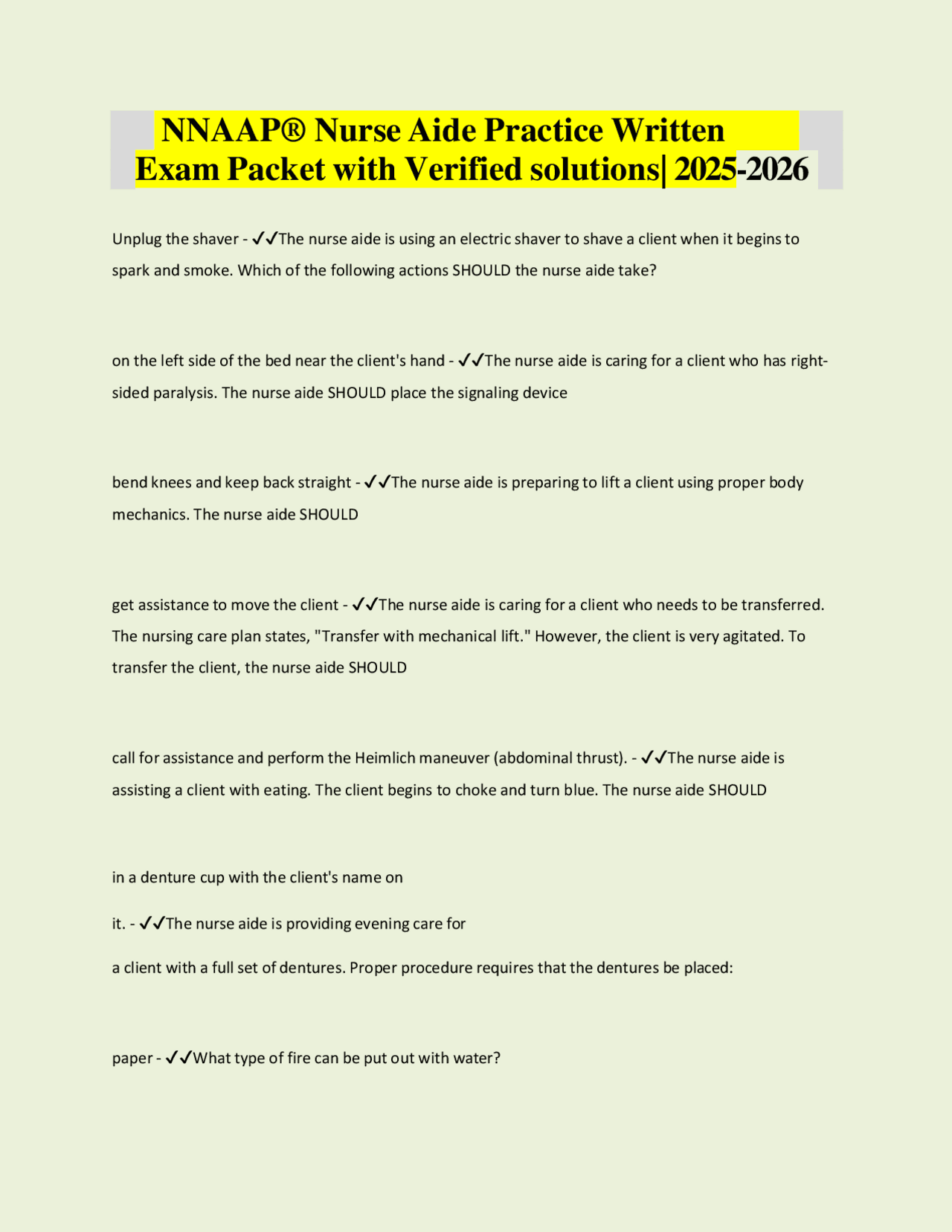 NNAAP® Nurse Aide Practice Written Exam Packet with Verified Solutions ...