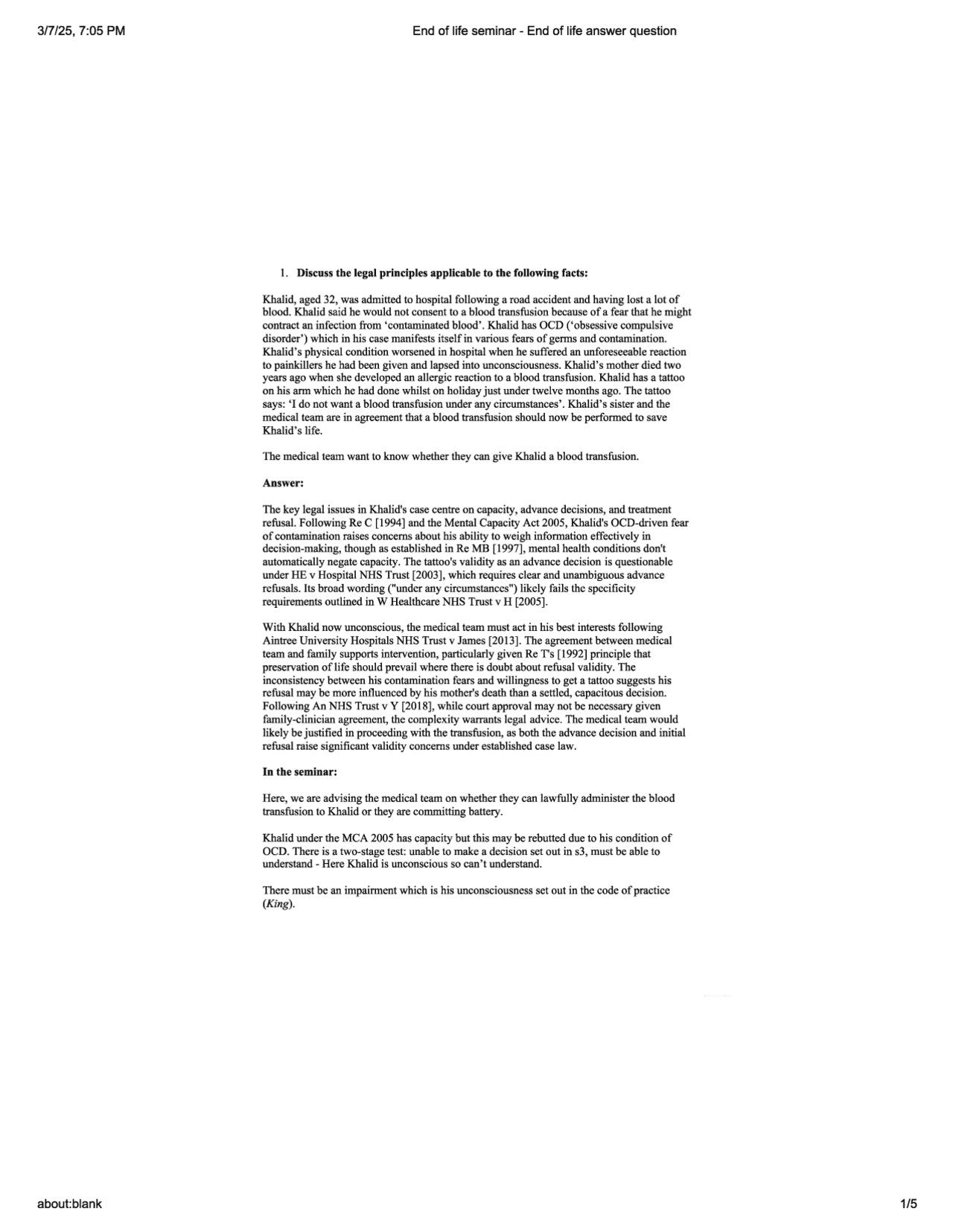End of life seminar - End of life answer question | Study notes Medical ...