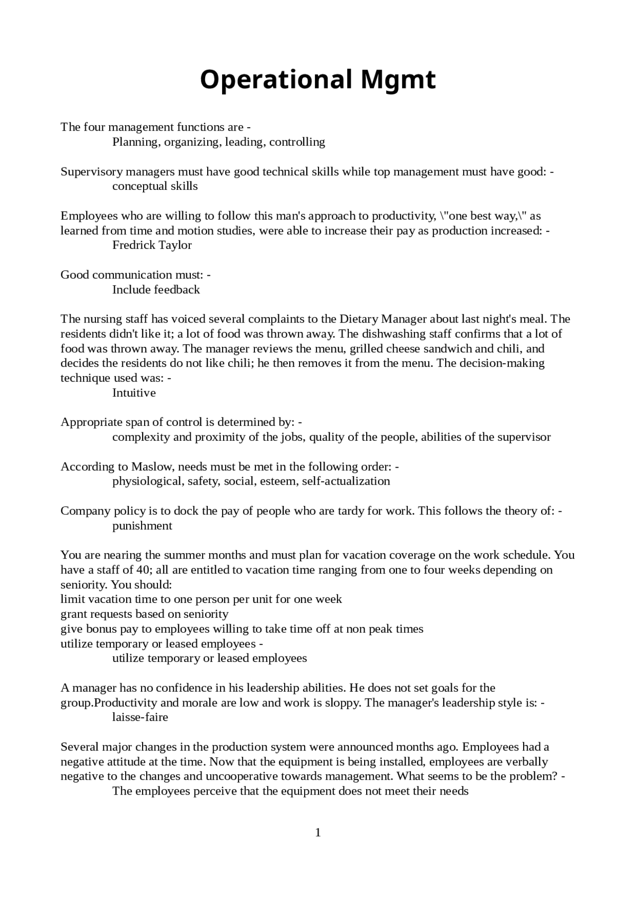 Operational Mgmt. Operational Mgmt. | Exams Nutrition | Docsity