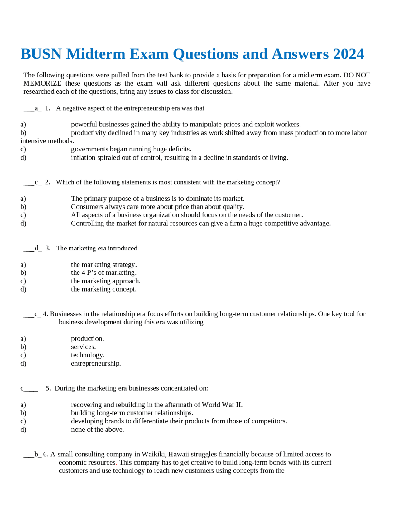 BUSN Midterm Exam Questions and Answers 2024: A Guide to Business Fundamentals | Exams Nursing ...