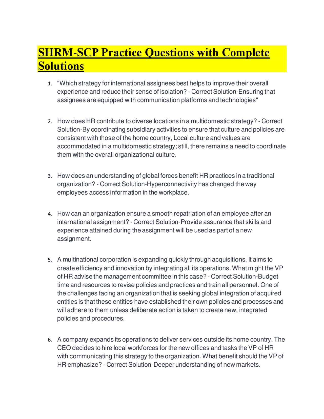 Shrm Scp Practice Questions With Complete Solutions Exams Business