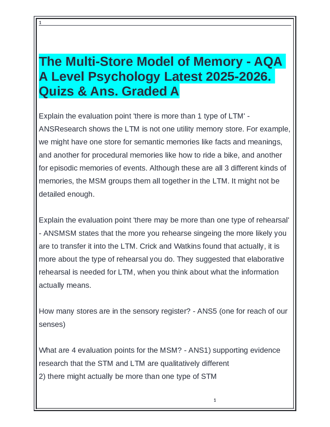 Multi-Store Model of Memory: AQA A Level Psychology Quiz | Exams ...