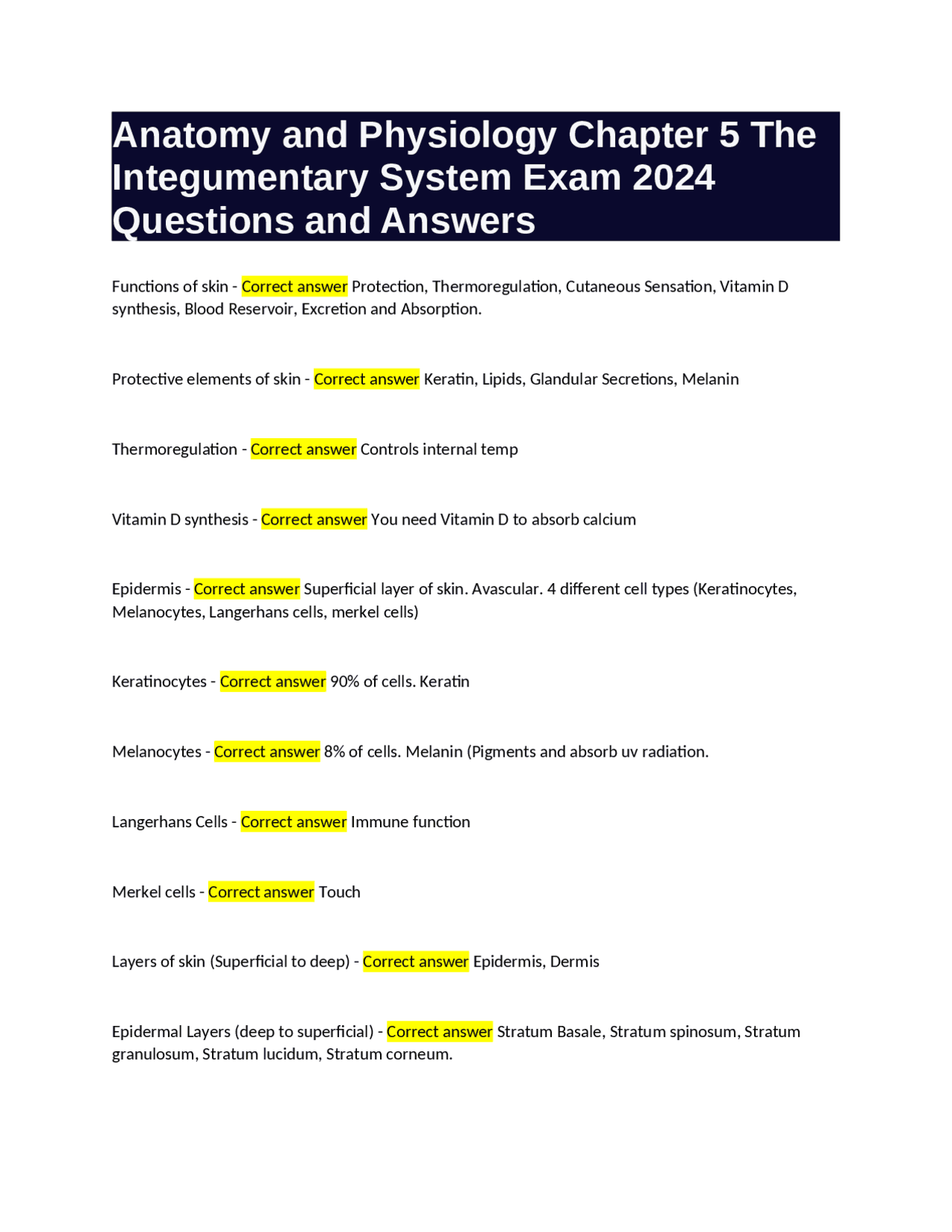 Integumentary System Exam: Questions & Answers | Exams Anatomy | Docsity