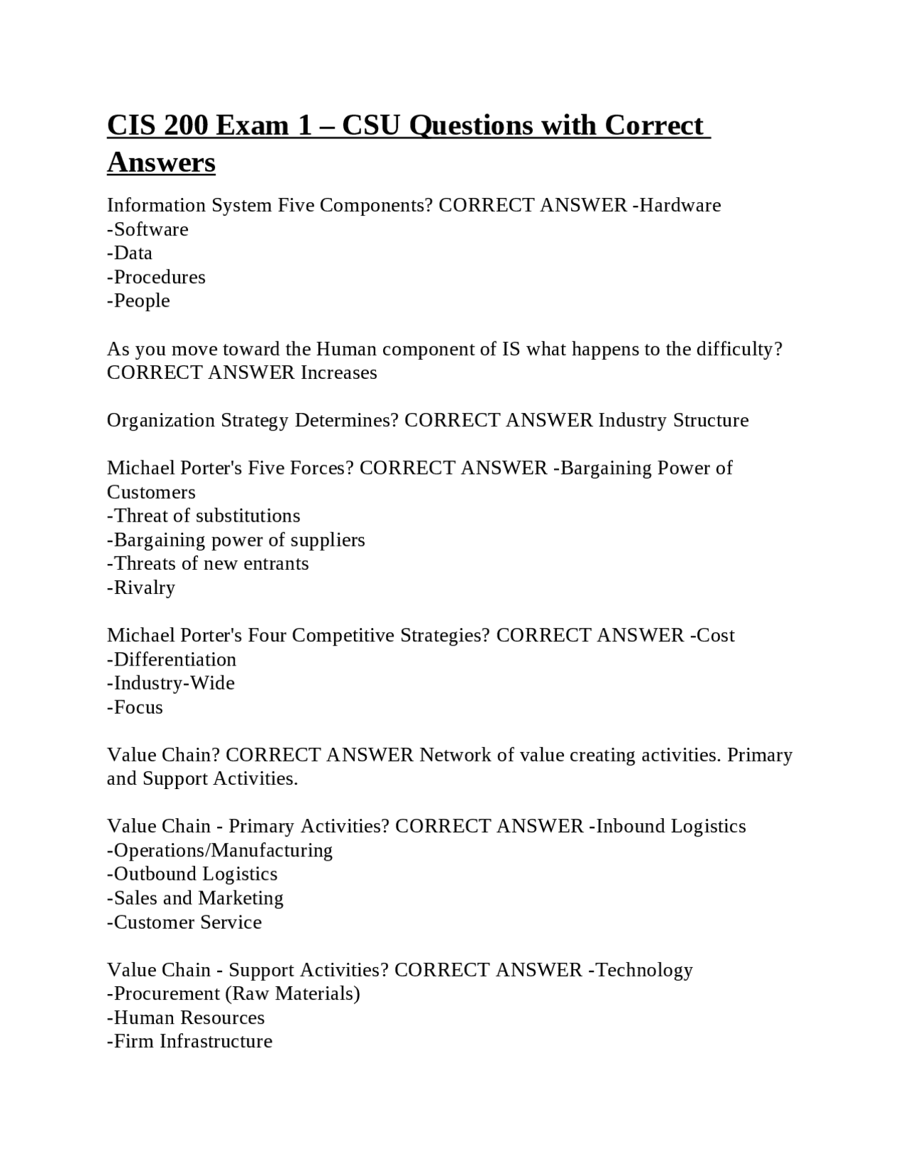 CIS 200 Exam 1 - CSU Questions and Answers: Information Systems ...