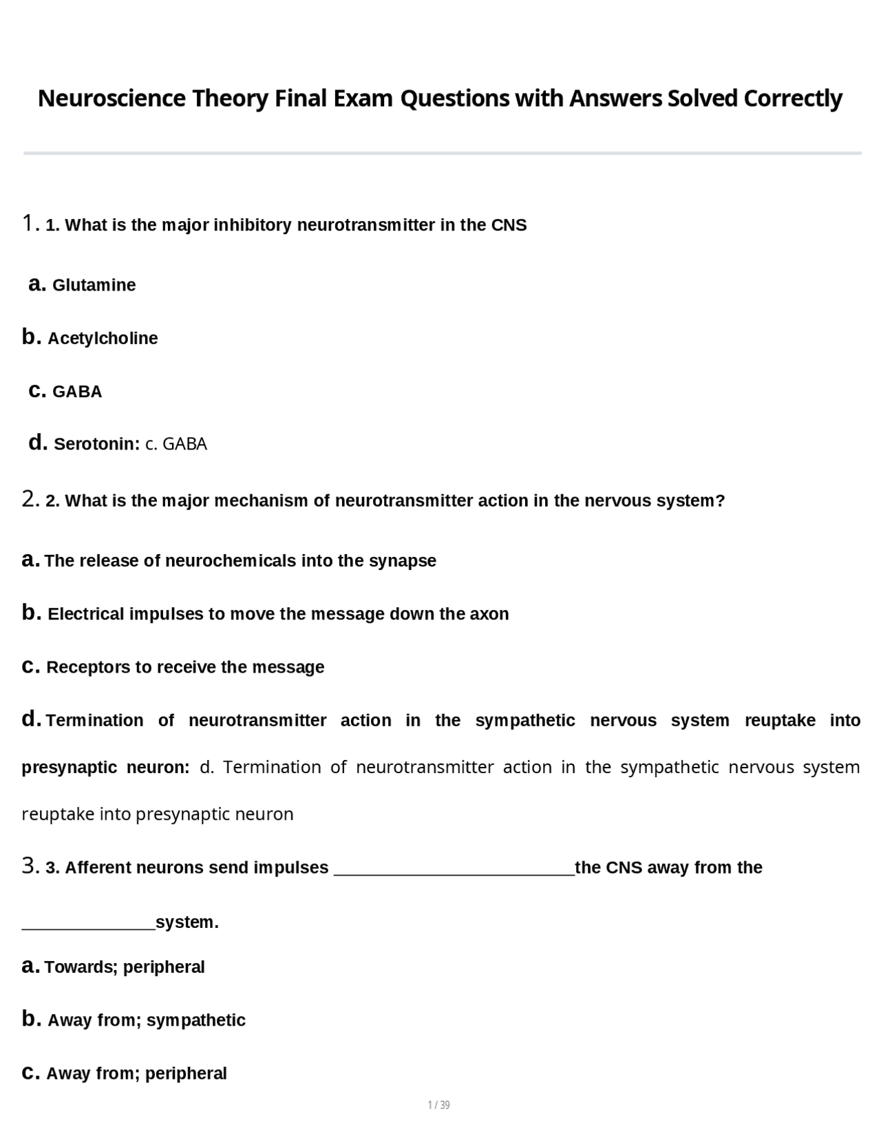 Neuroscience Theory Final Exam Questions with Answers Solved Correctly ...