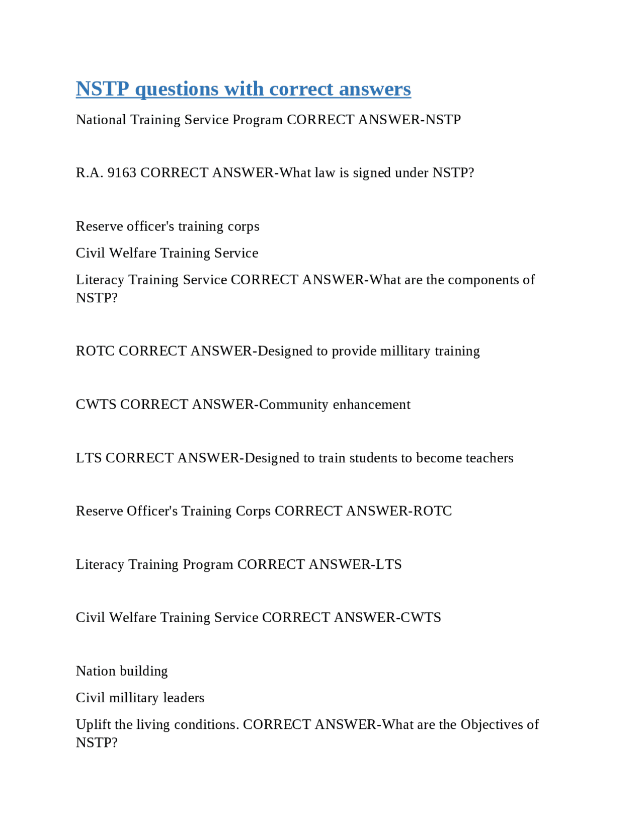 National Training Service Program (NSTP) Questions and Answers | Exams Law | Docsity