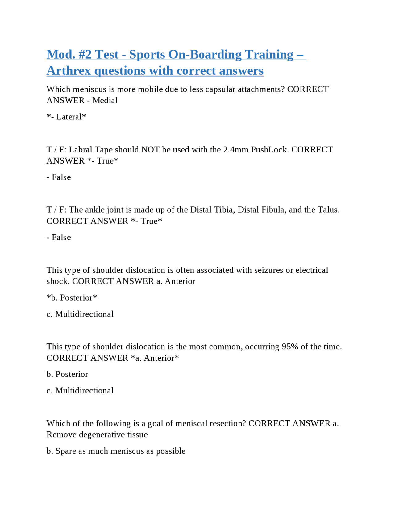 Mod. #2 Test - Sports On-Boarding Training – Arthrex questions with ...