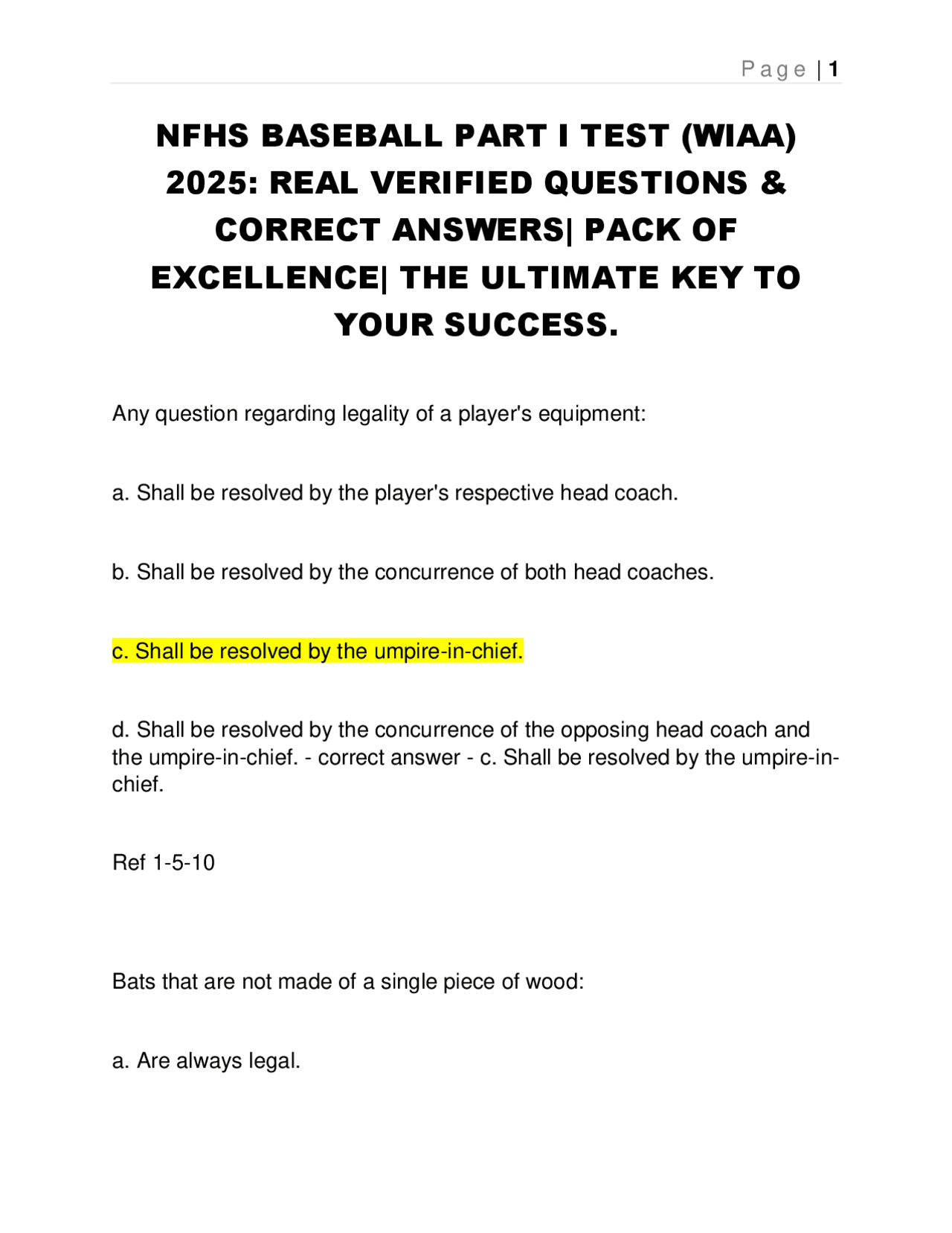 NFHS BASEBALL PART I TEST (WIAA) 2025: REAL VERIFIED QUESTIONS ...