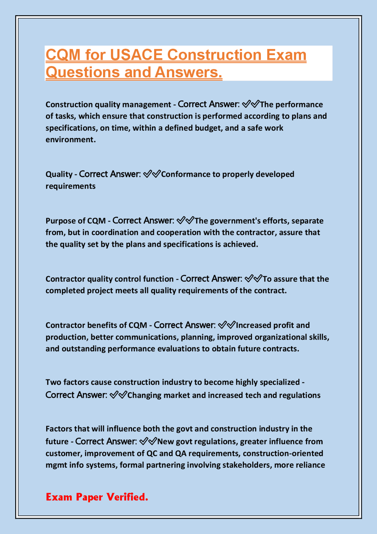 Construction Quality Management (CQM) for USACE Construction Exam ...