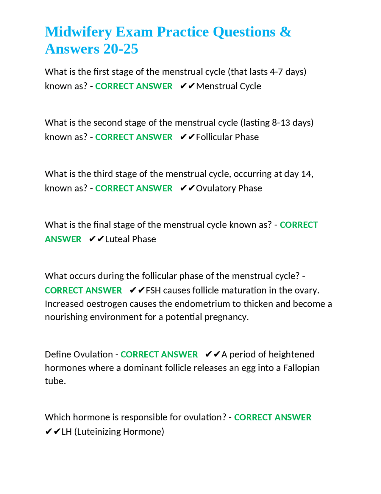 Midwifery Exam Practice Questions & Answers 20-25 | Exams Nursing | Docsity
