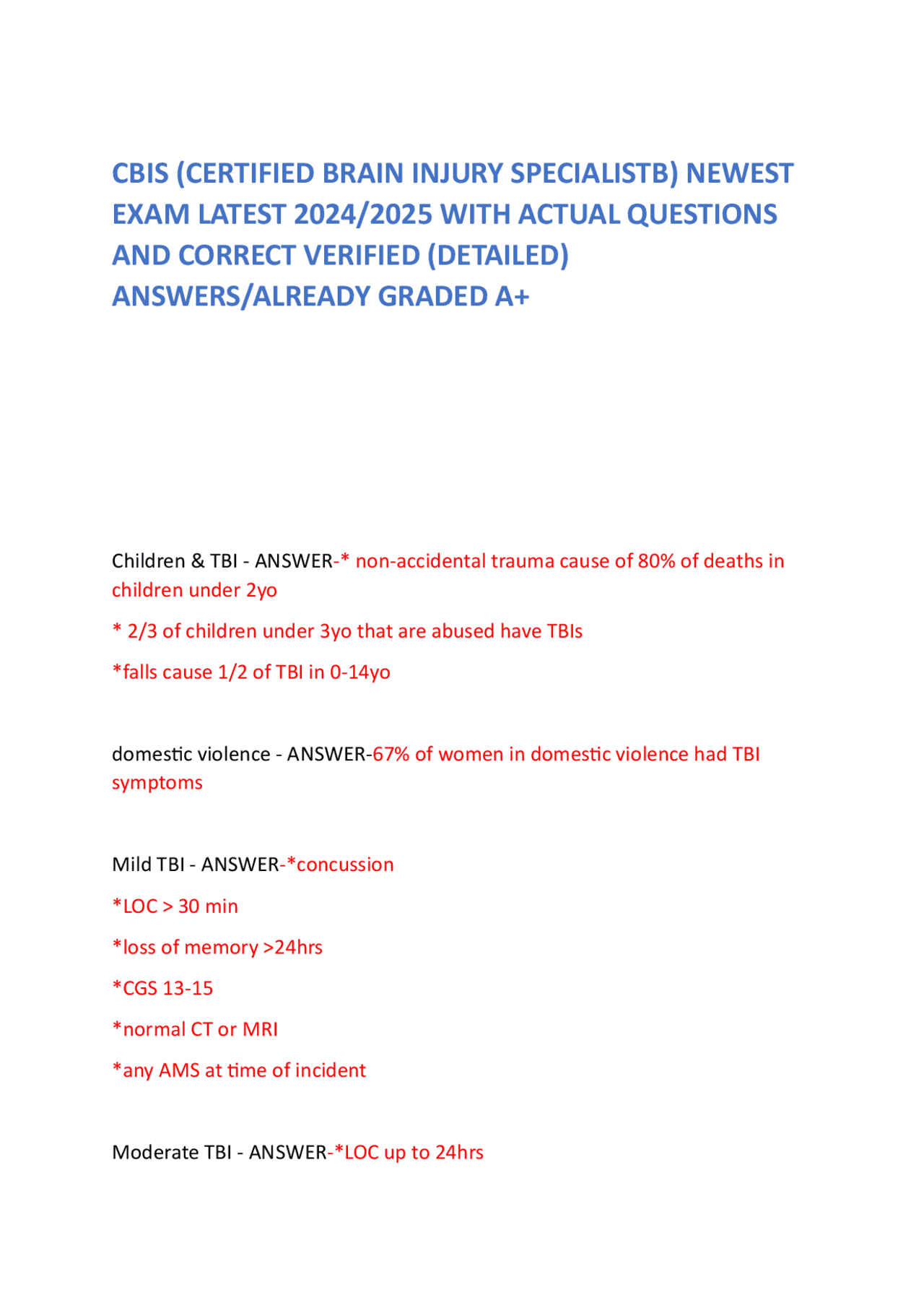 CBIS (CERTIFIED BRAIN INJURY SPECIALISTB) NEWEST EXAM LATEST 2024/2025 ...