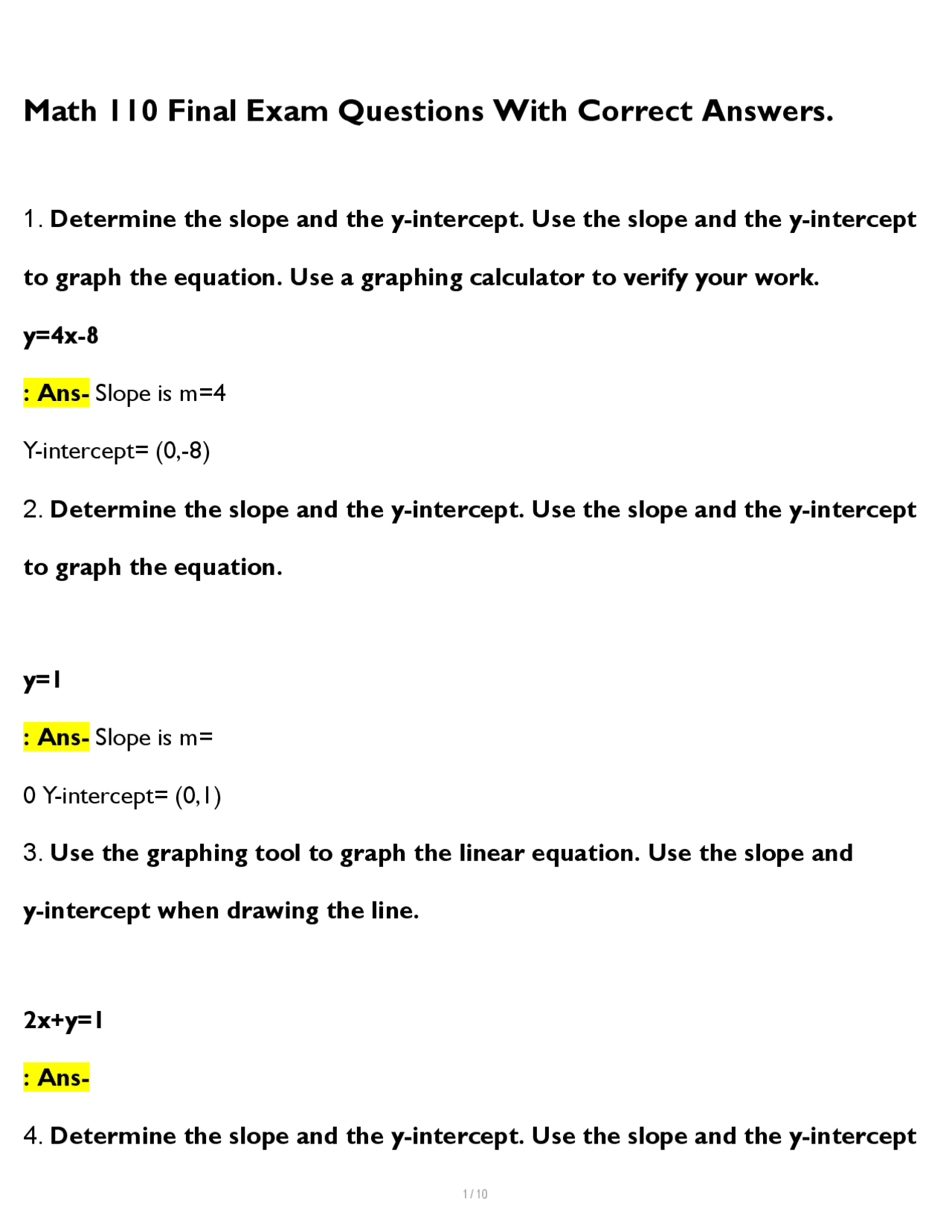 Math 110 Final Exam Questions With Correct Answers Exams Of Mathematics Exams Mathematics