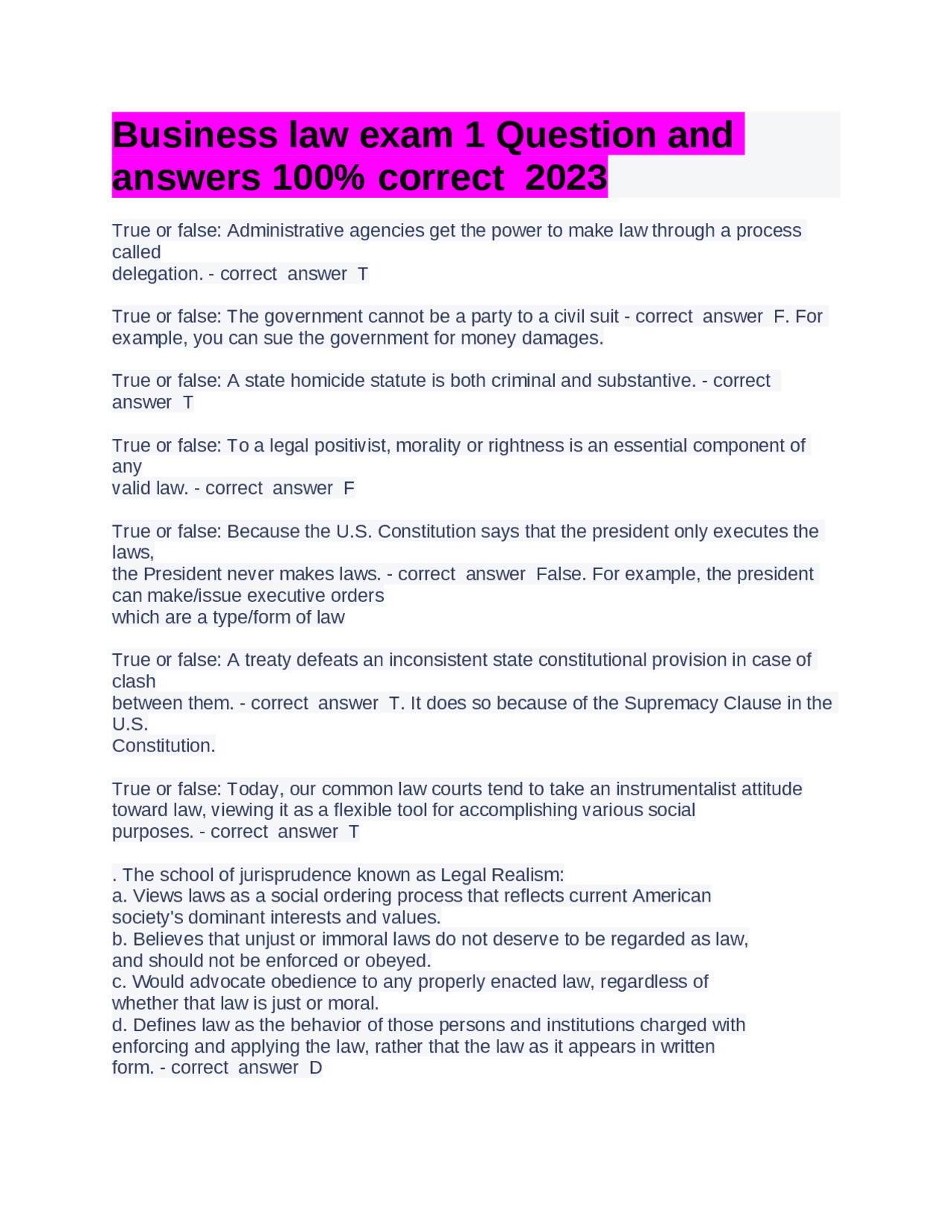 Business Law Exam 1: True or False Questions and Answers | Exams Law ...