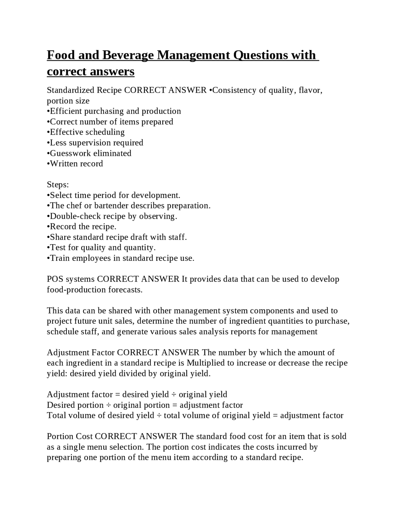 Food and Beverage Management Questions with correct answers | Exams ...