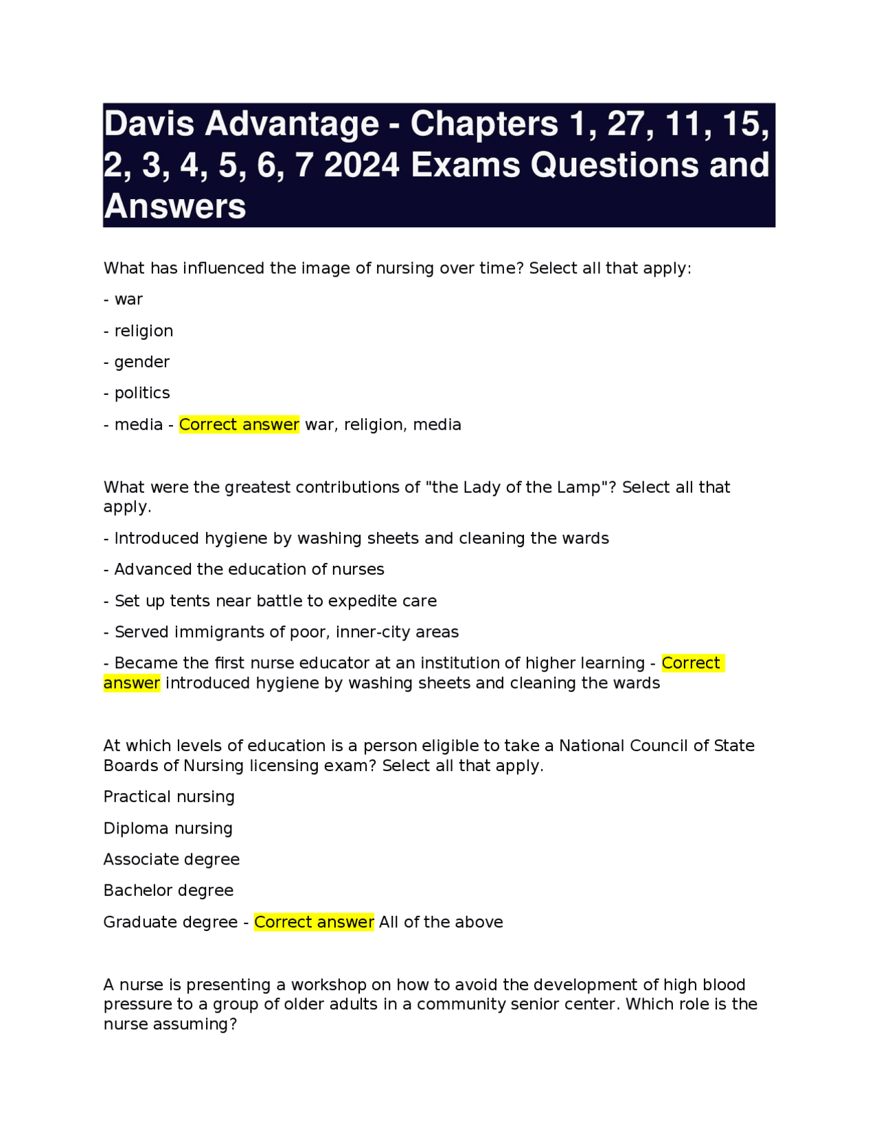 Davis Advantage - Chapters 1, 27, 11, 15, 2, 3, 4, 5, 6, 7 2024 Exams ...