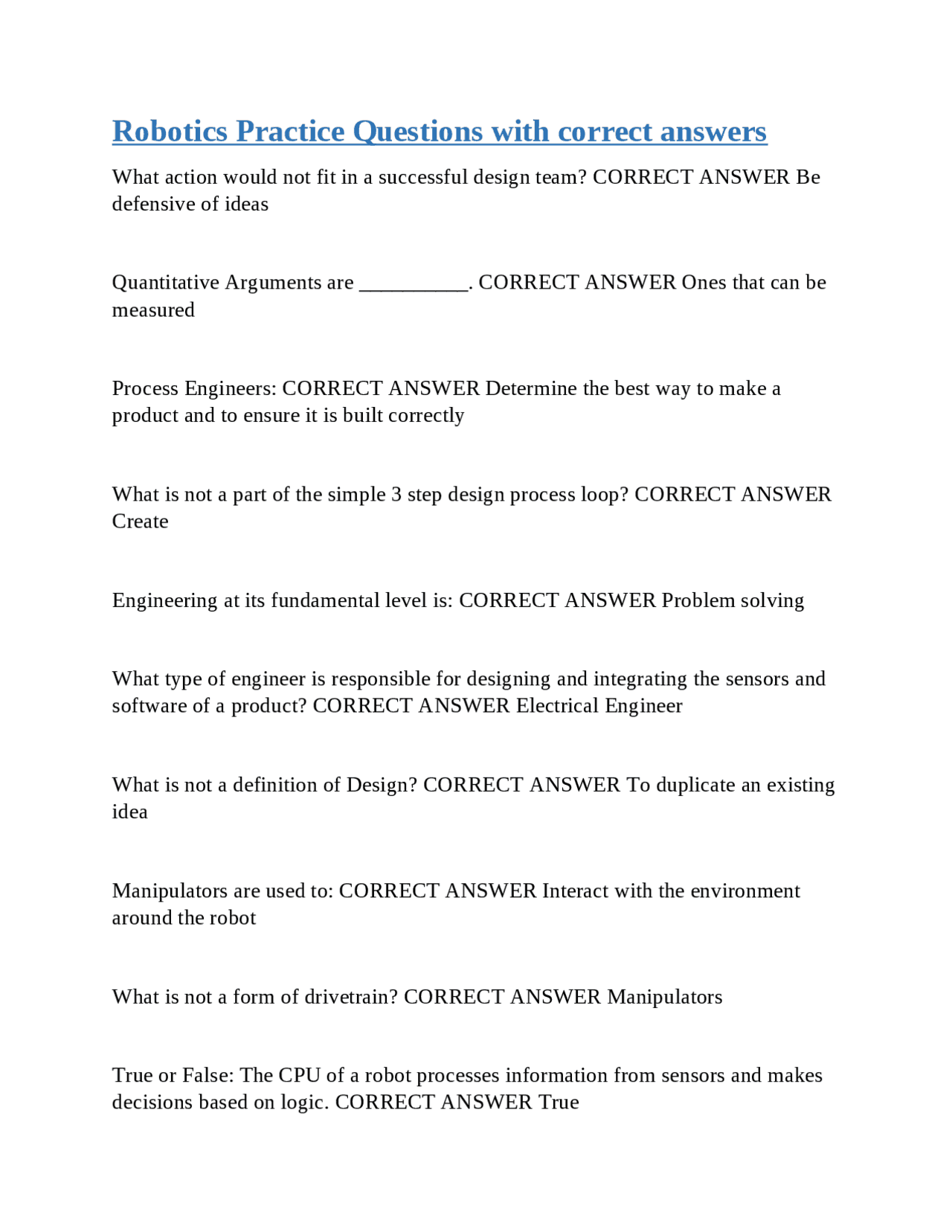 Robotics Practice Questions with correct answers | Exams Robotics | Docsity