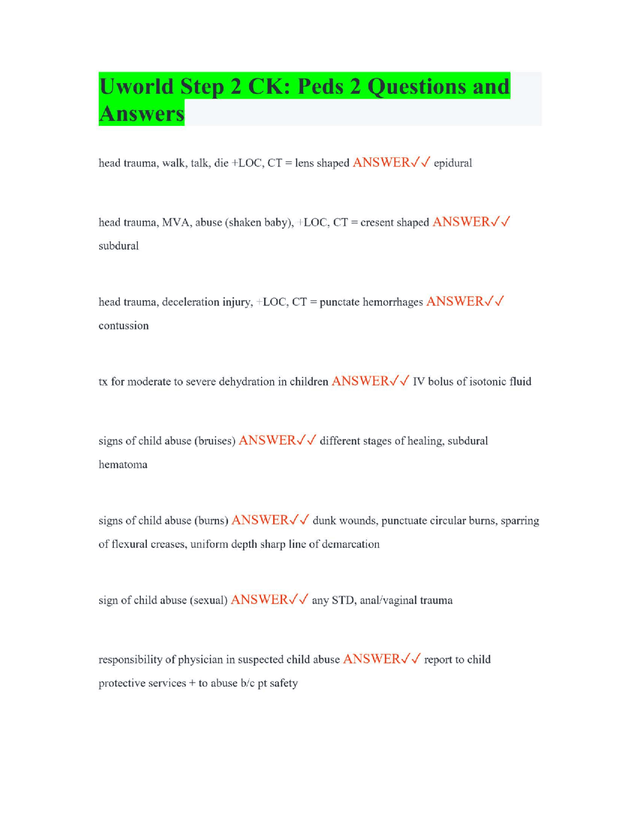 Uworld Step 2 CK: Peds 2 Questions and Answers | Exams Medicine | Docsity