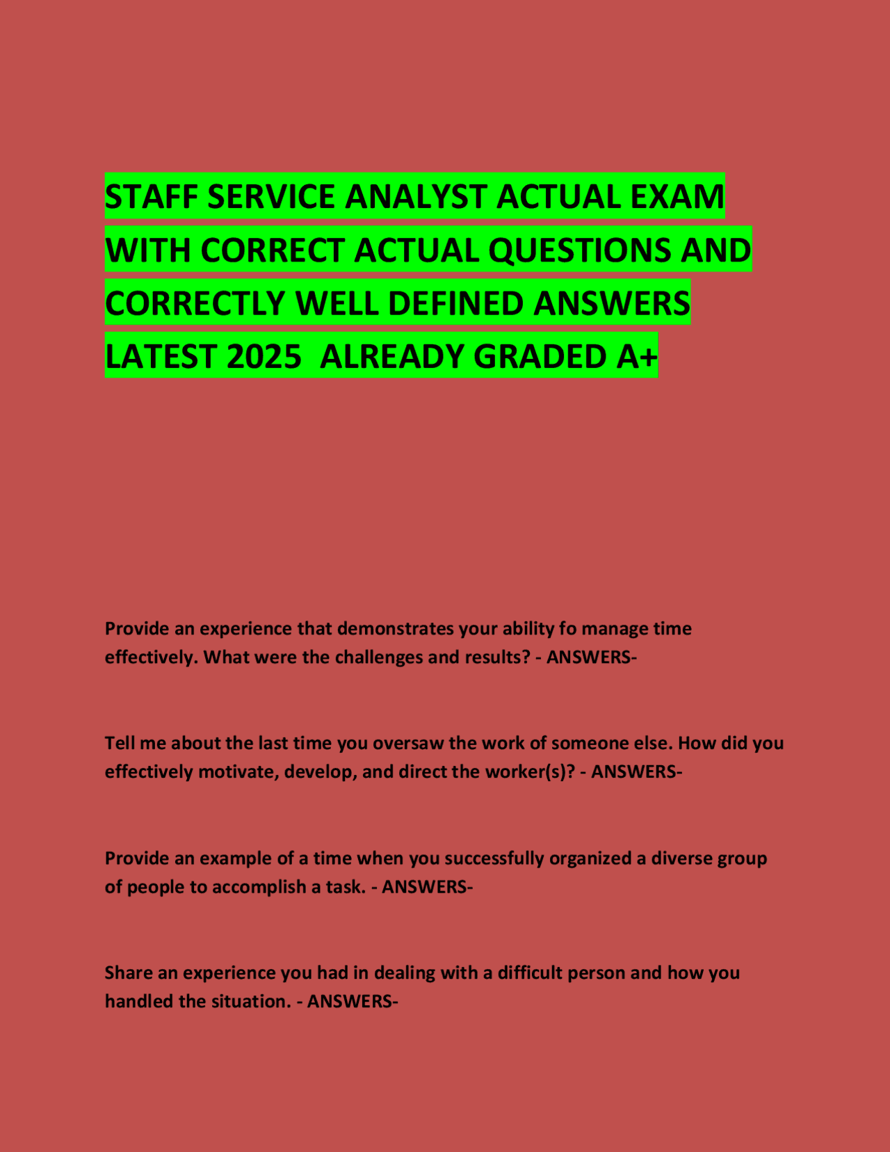 STAFF SERVICE ANALYST ACTUAL EXAM WITH CORRECT ACTUAL QUESTIONS AND ...