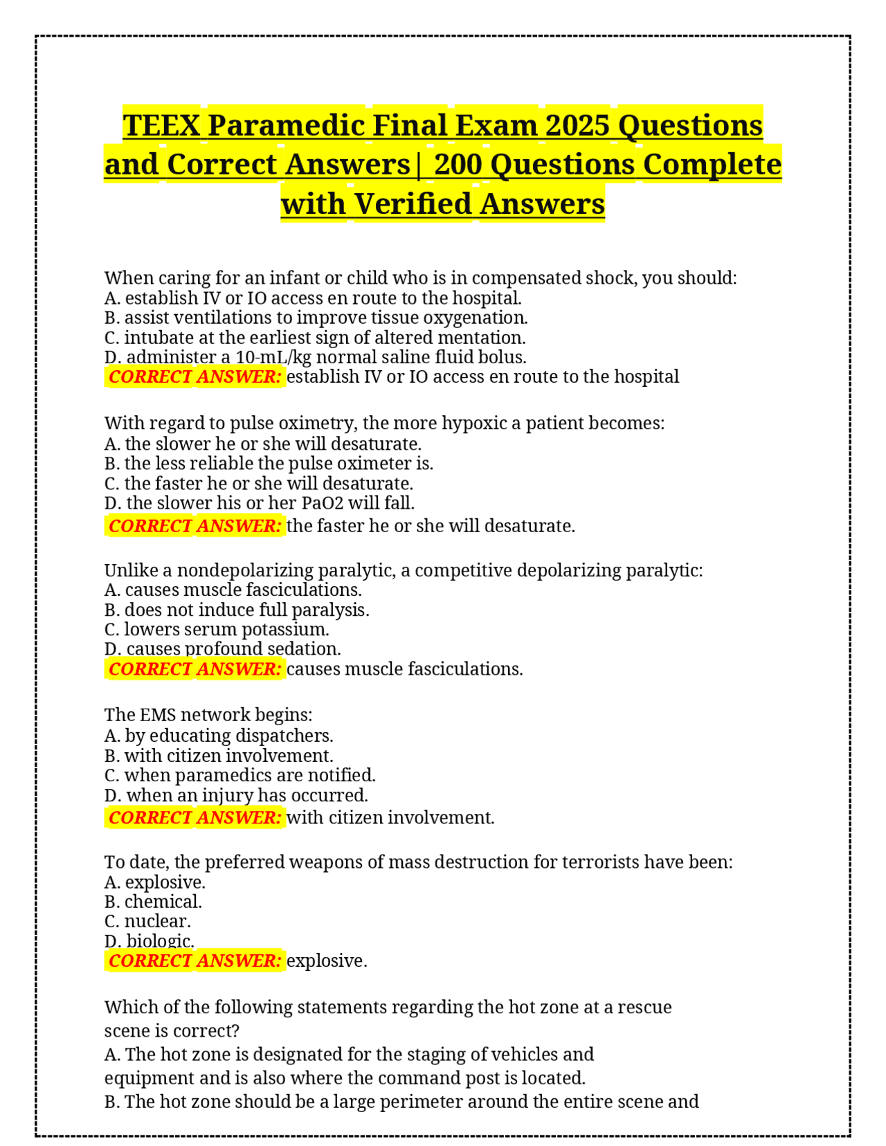 TEEX Paramedic Final Exam 2025 Questions and Correct Answers| 200 ...