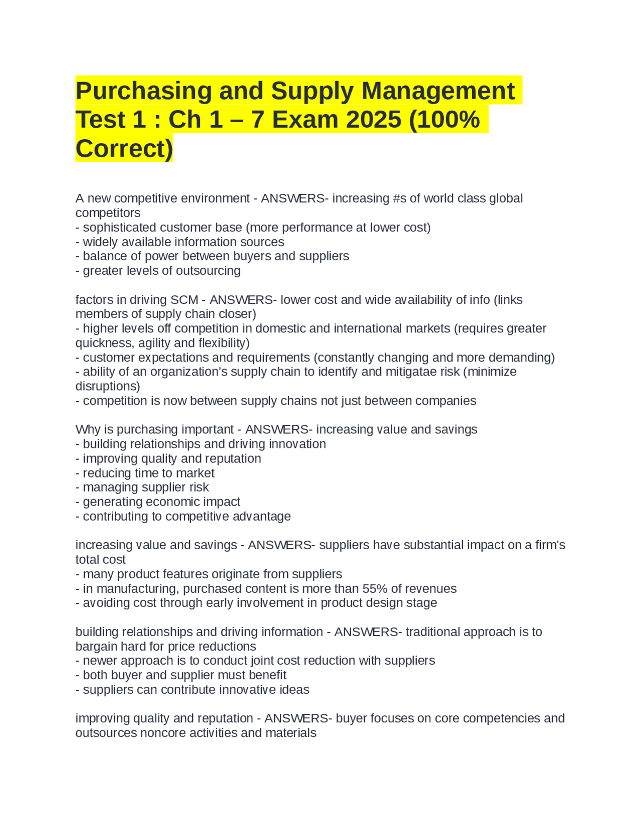 Purchasing and Supply Management Test 1 : Ch 1 – 7 Exam 2025 (100% ...