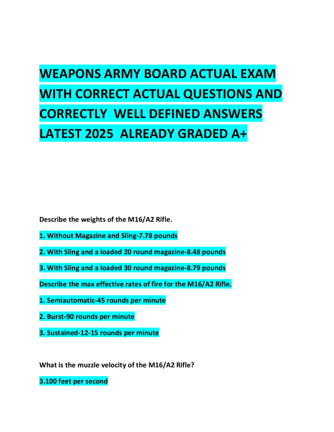 WEAPONS ARMY BOARD ACTUAL EXAM WITH CORRECT ACTUAL QUESTIONS AND ...