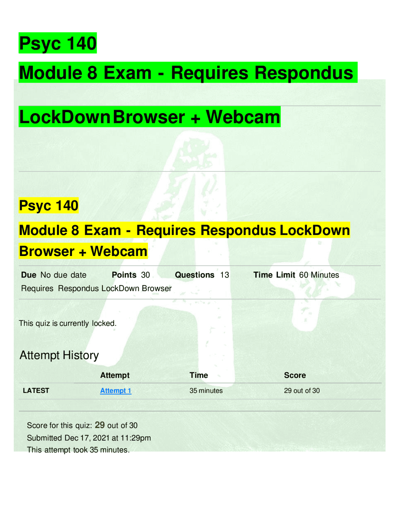 Psyc 140 Module 8 Exam - Requires Respondus LockDown Browser + Webcam | Exams Nursing | Docsity