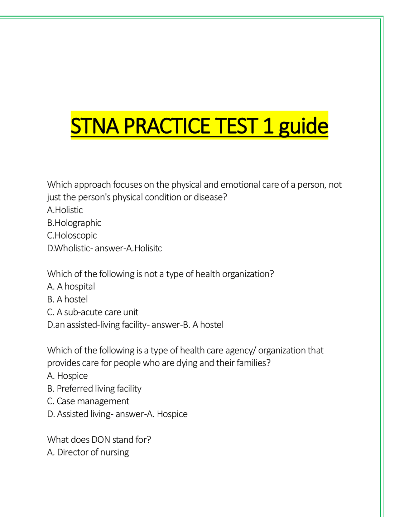 STNA PRACTICE TEST 1 guide.pdf | Exams Nursing | Docsity