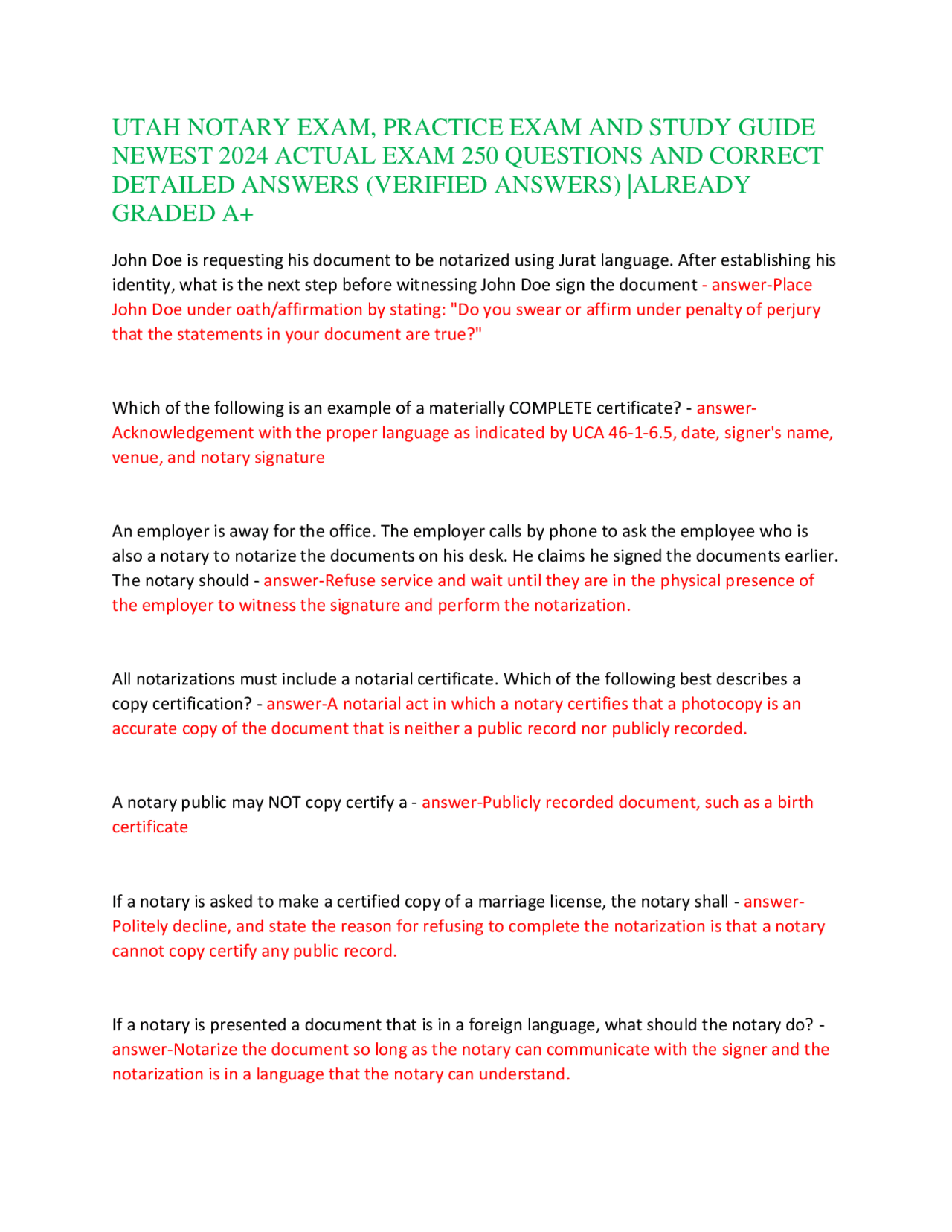 Utah Notary Exam Practice Questions and Answers: 2024 Study Guide ...