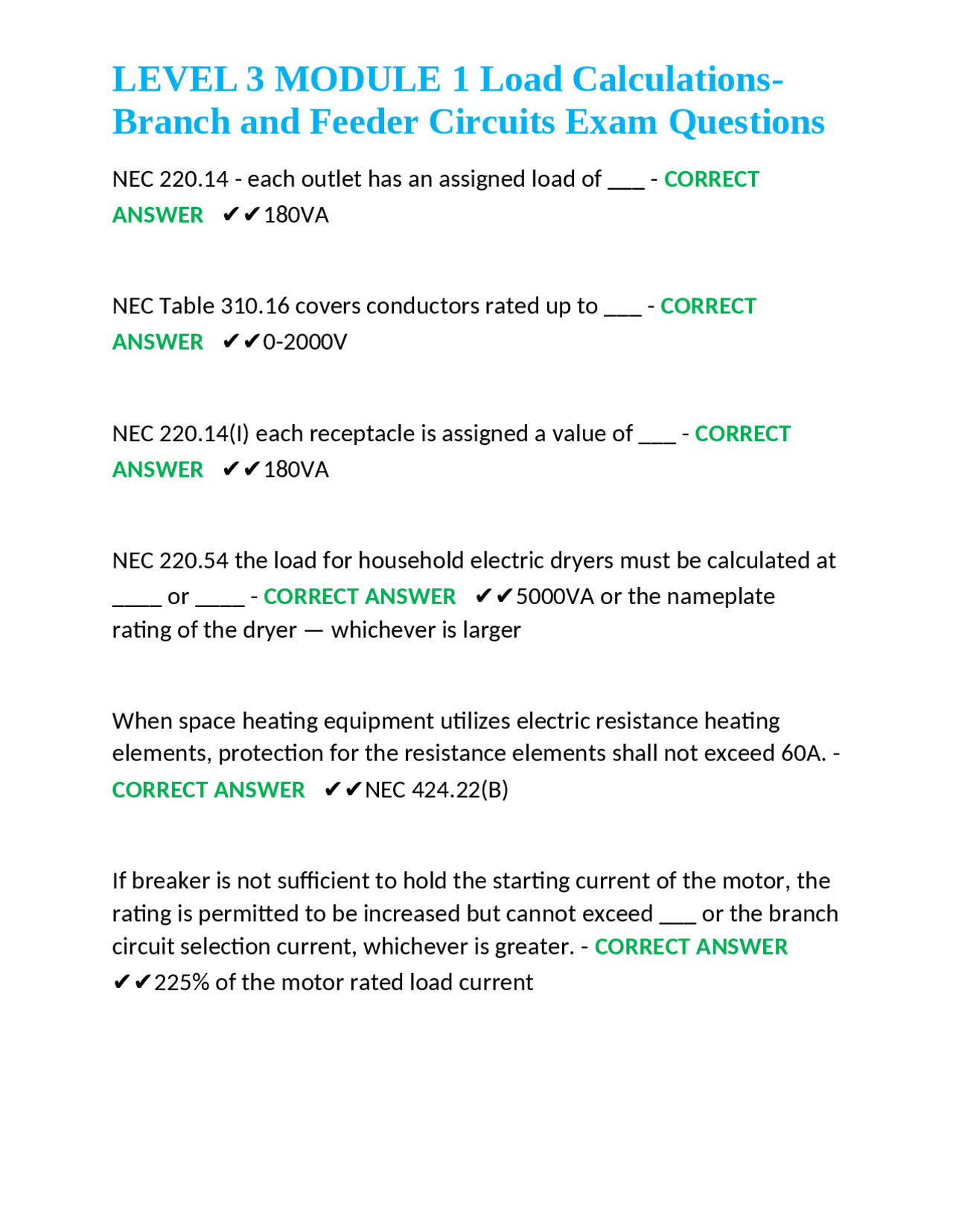 NEC Exam Questions: Load Calculations, Branch and Feeder Circuits | Exams Nursing | Docsity