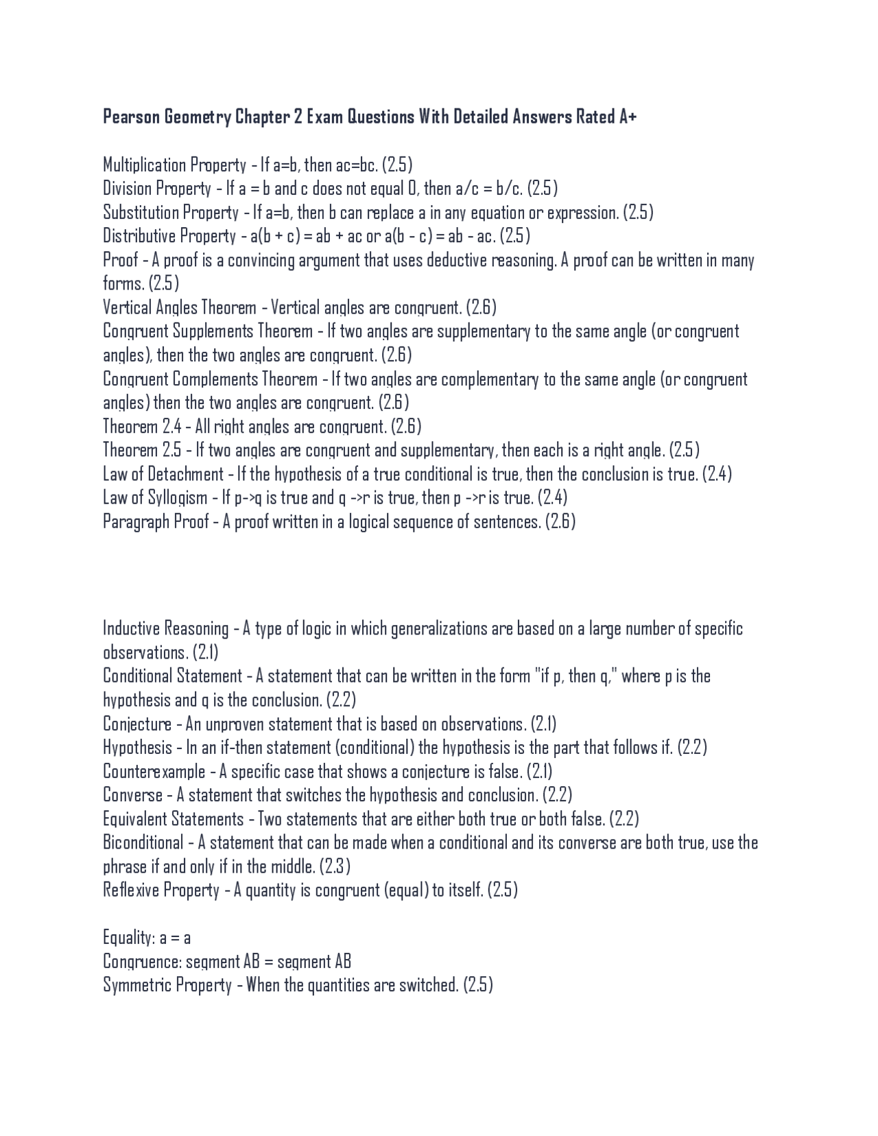 Pearson Geometry Chapter 2 Exam Questions With Detailed Answers Rated ...