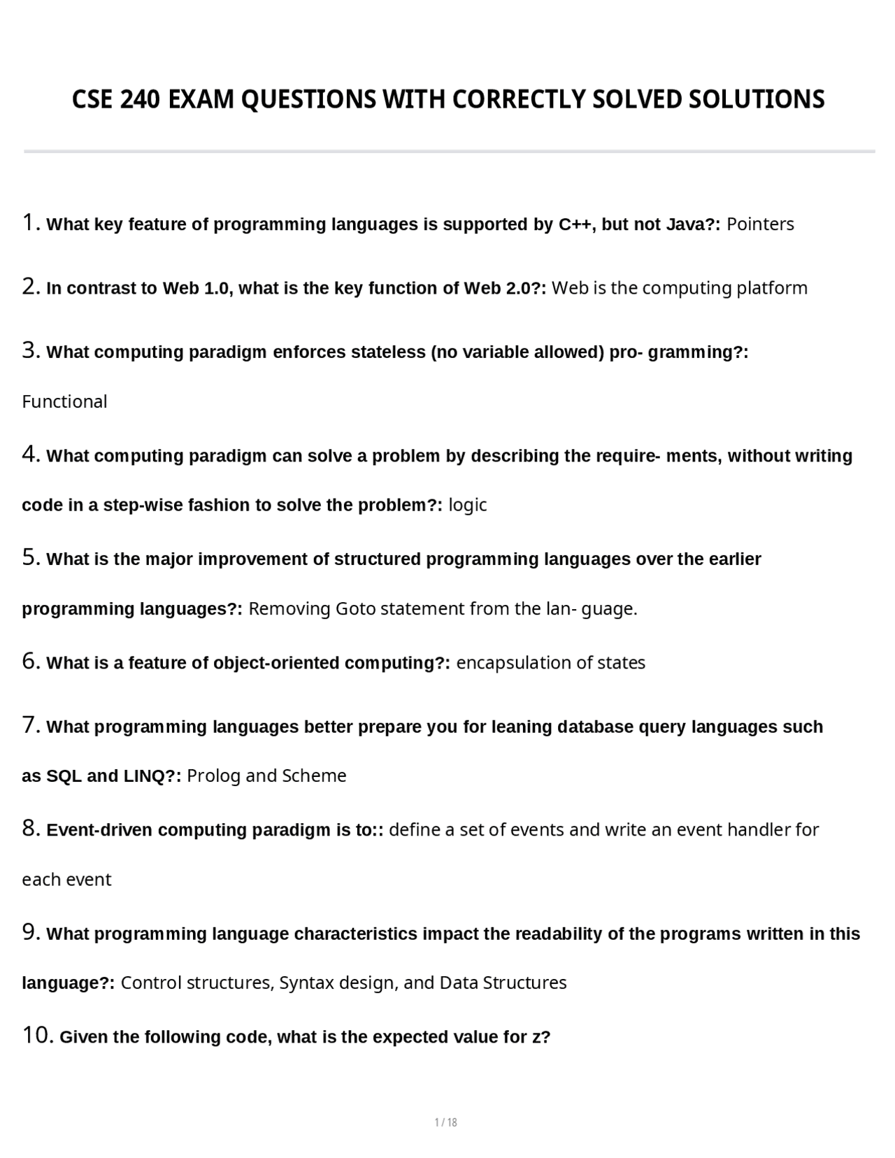 CSE 240 Exam Questions with Correctly Solved Solutions | Exams Computer Science | Docsity