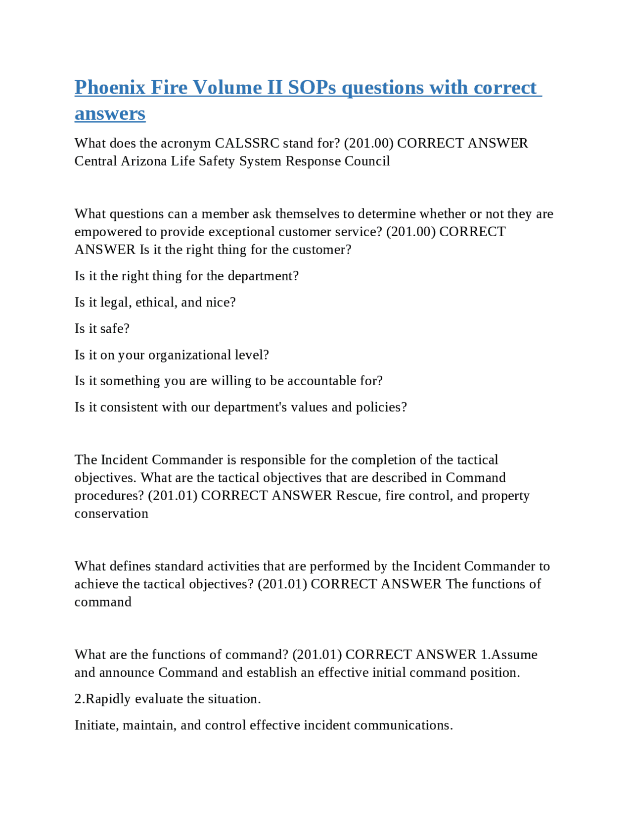 Phoenix Fire Volume II SOPs: Questions and Answers | Exams Safety and ...