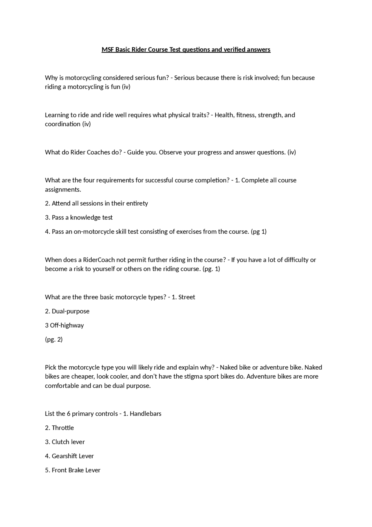 MSF Basic Rider Course Test Questions and Answers | Exams Advanced ...