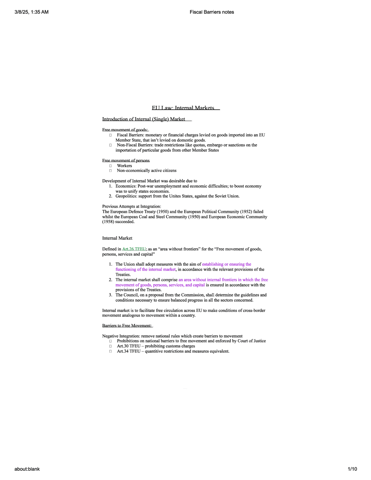Fiscal Barriers notes-EU Law | Study notes European Union law | Docsity