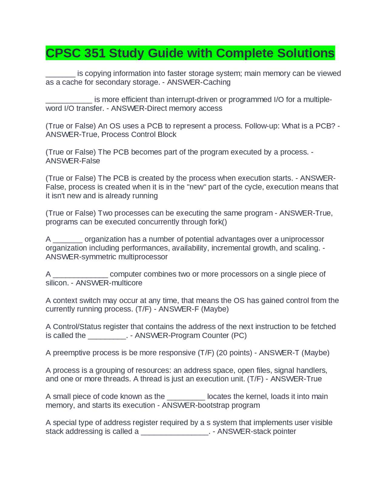 CPSC 351 Study Guide with Complete Solutions: Operating Systems Concepts and Principles | Exams ...