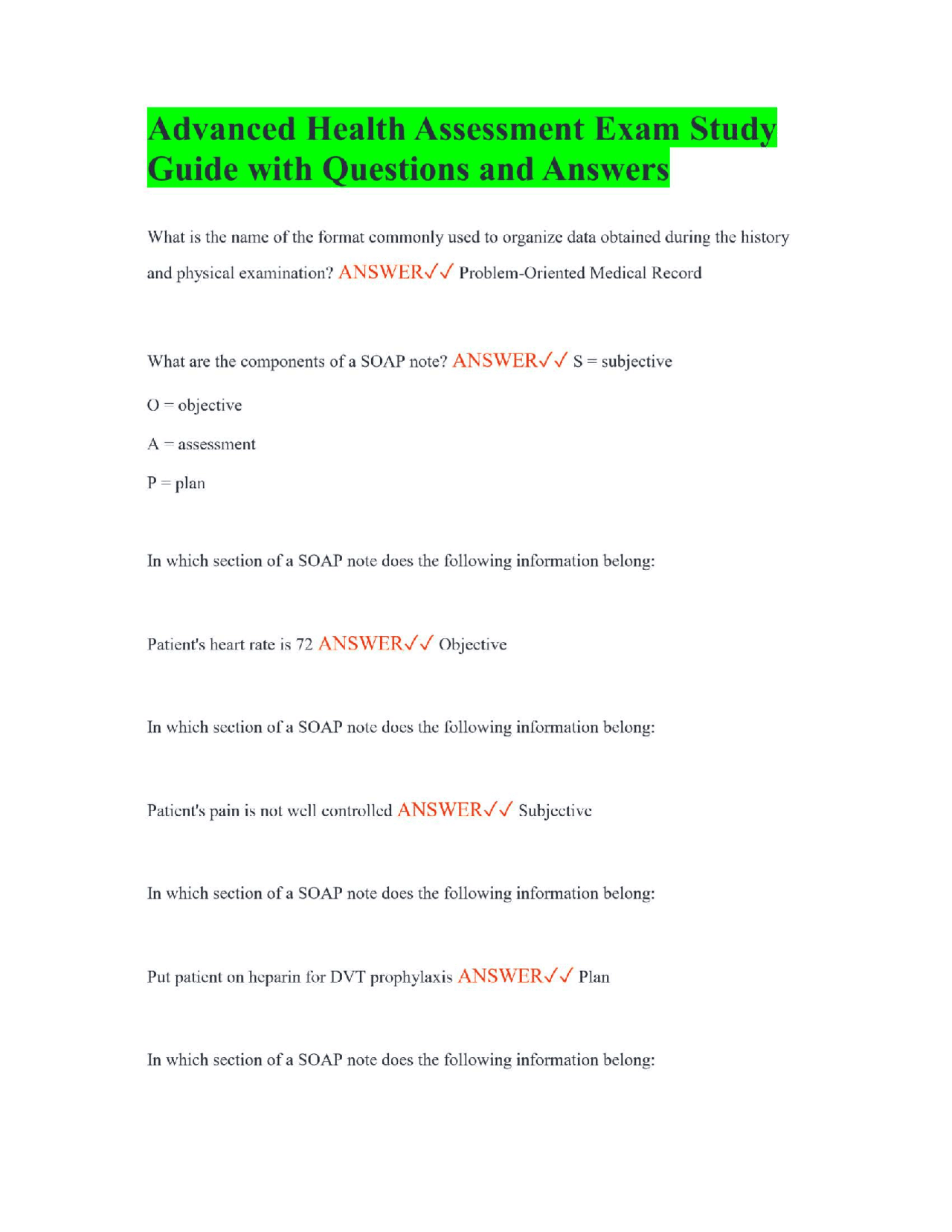 Advanced Health Assessment Exam Study Guide with Questions and Answers ...