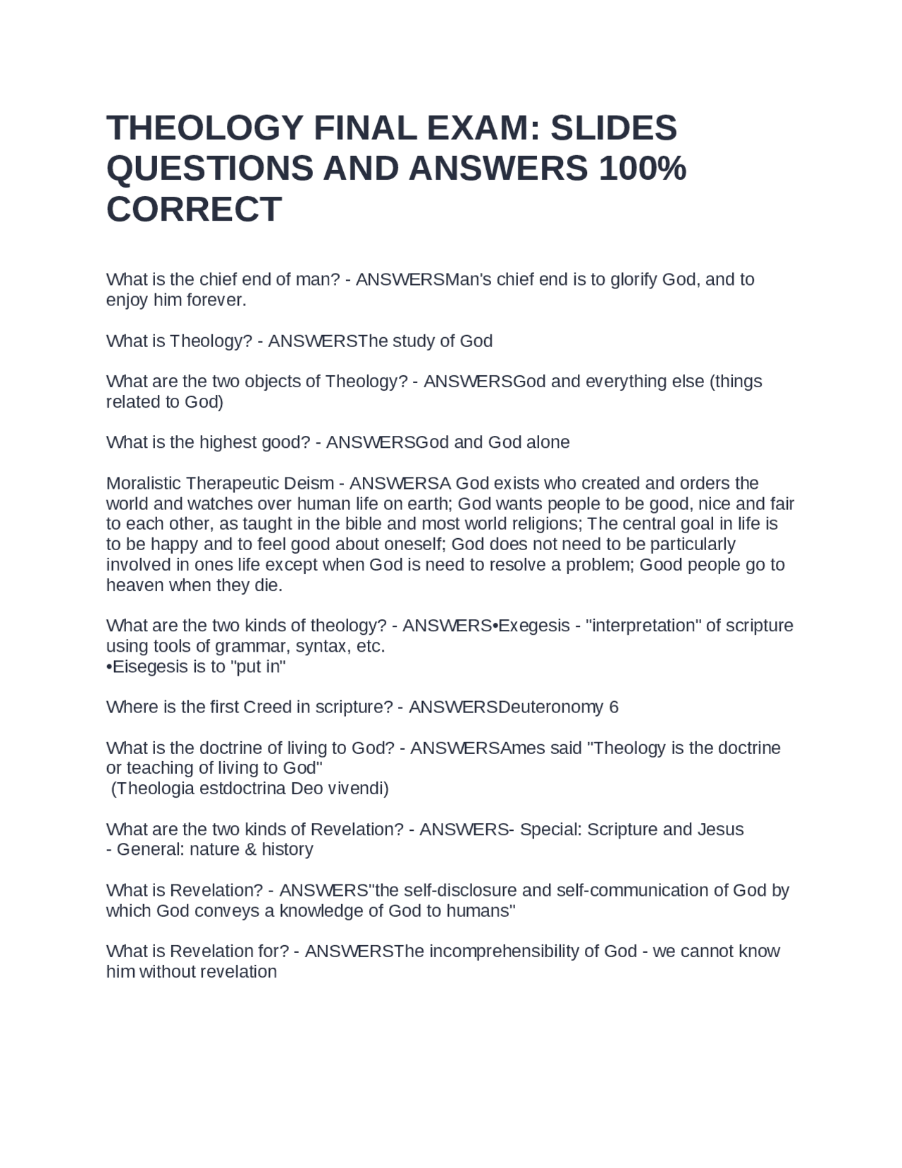 THEOLOGY FINAL EXAM: SLIDES QUESTIONS AND ANSWERS 100% CORRECT | Exams ...