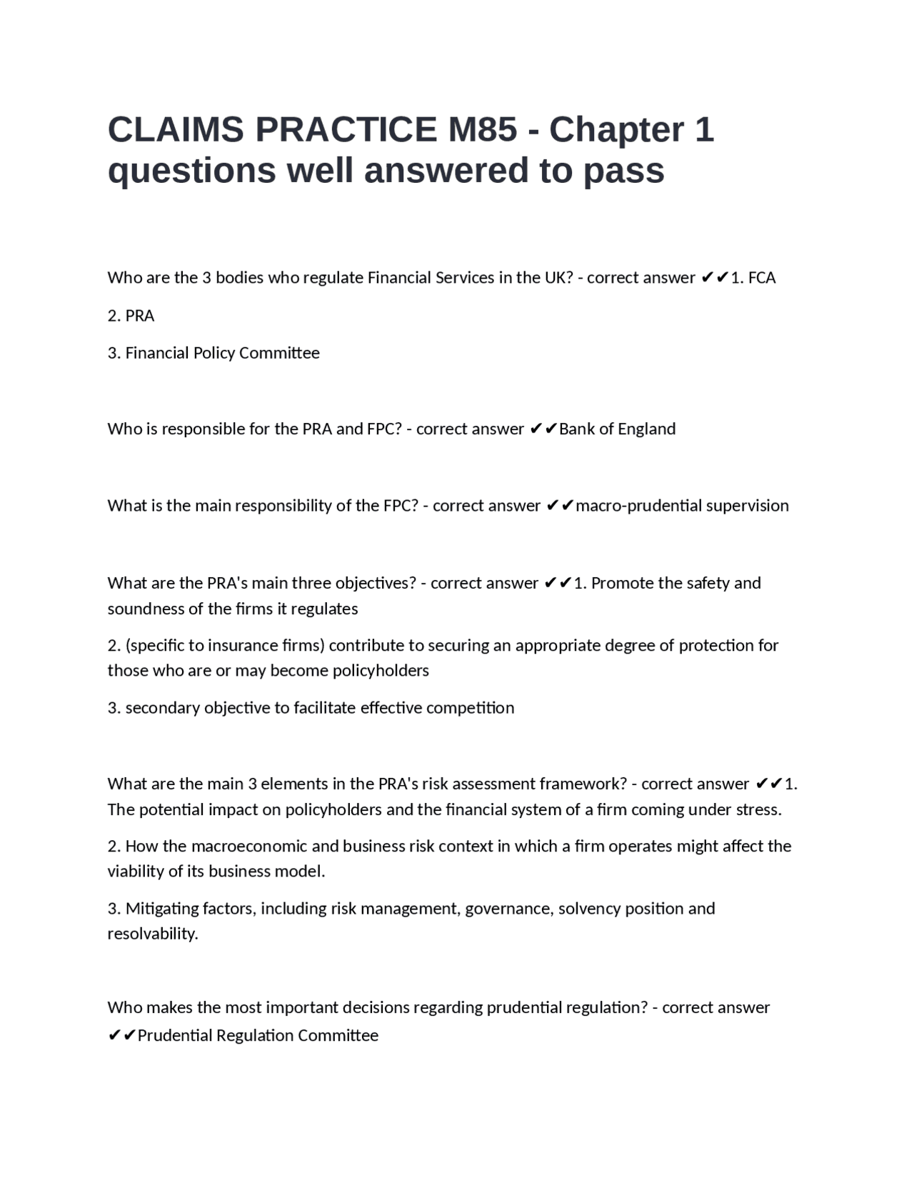 CLAIMS PRACTICE M85 - Chapter 1 questions well answered to pass | Exams Nursing | Docsity